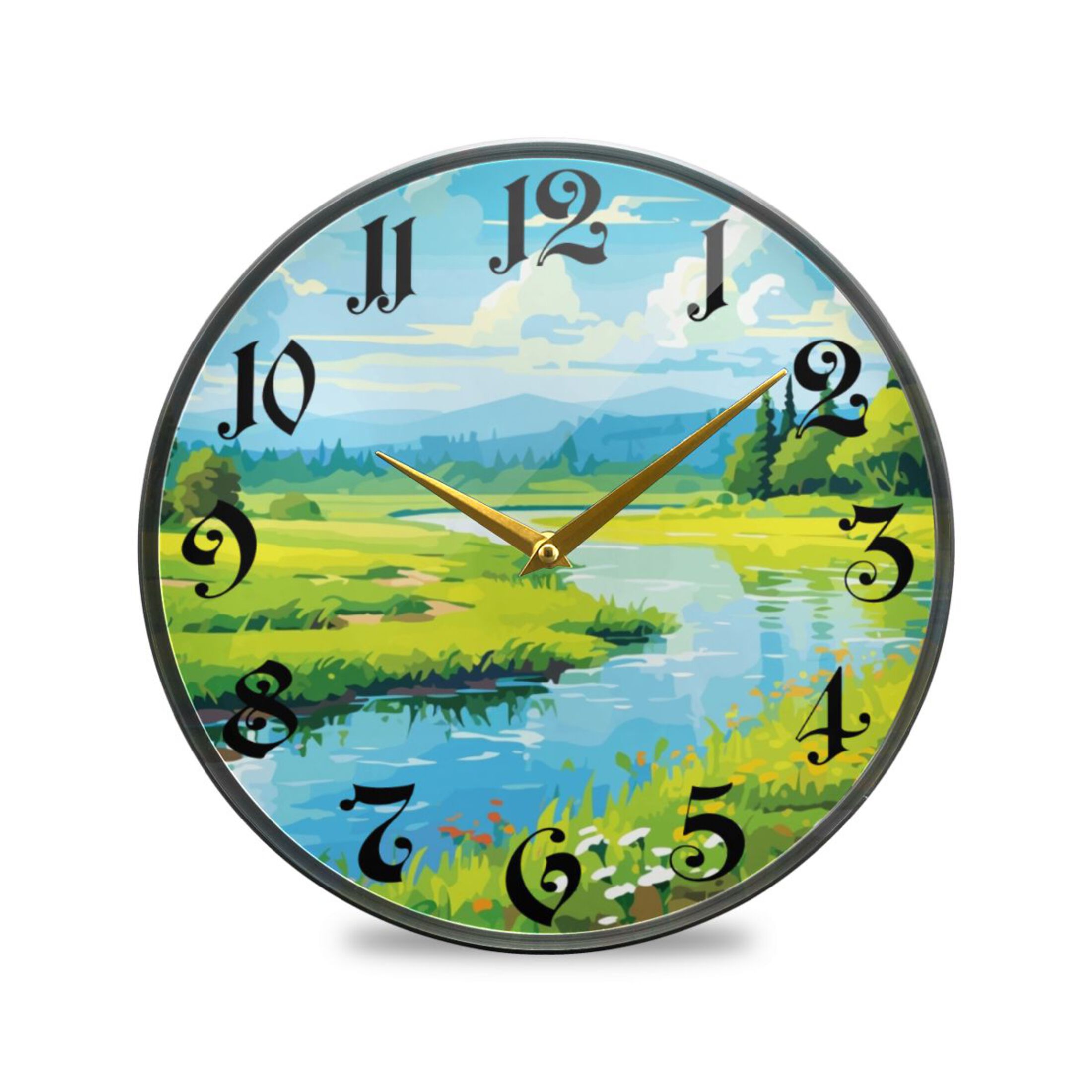 12" Round Silent Wall Clocks Summer Landscape Green Acrylic Battery ...