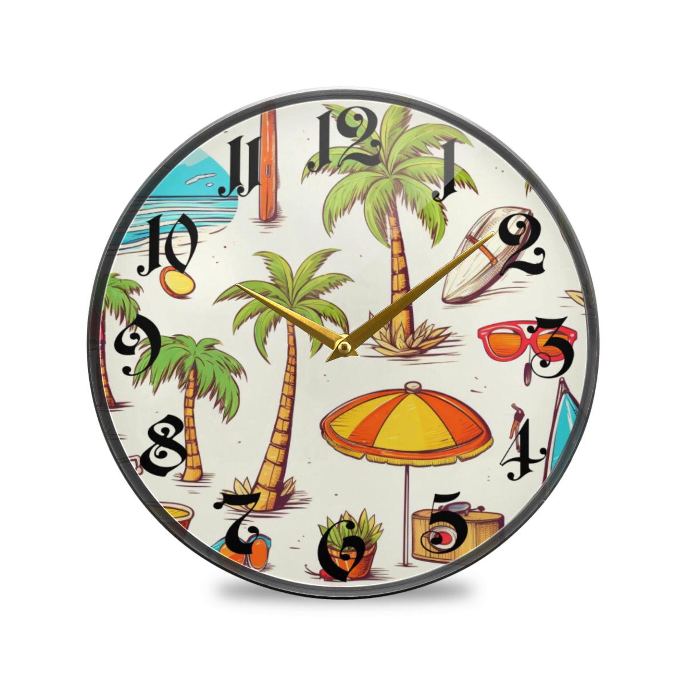 12" Round Silent Wall Clocks Summer Palm Trees Acrylic Battery Operated ...
