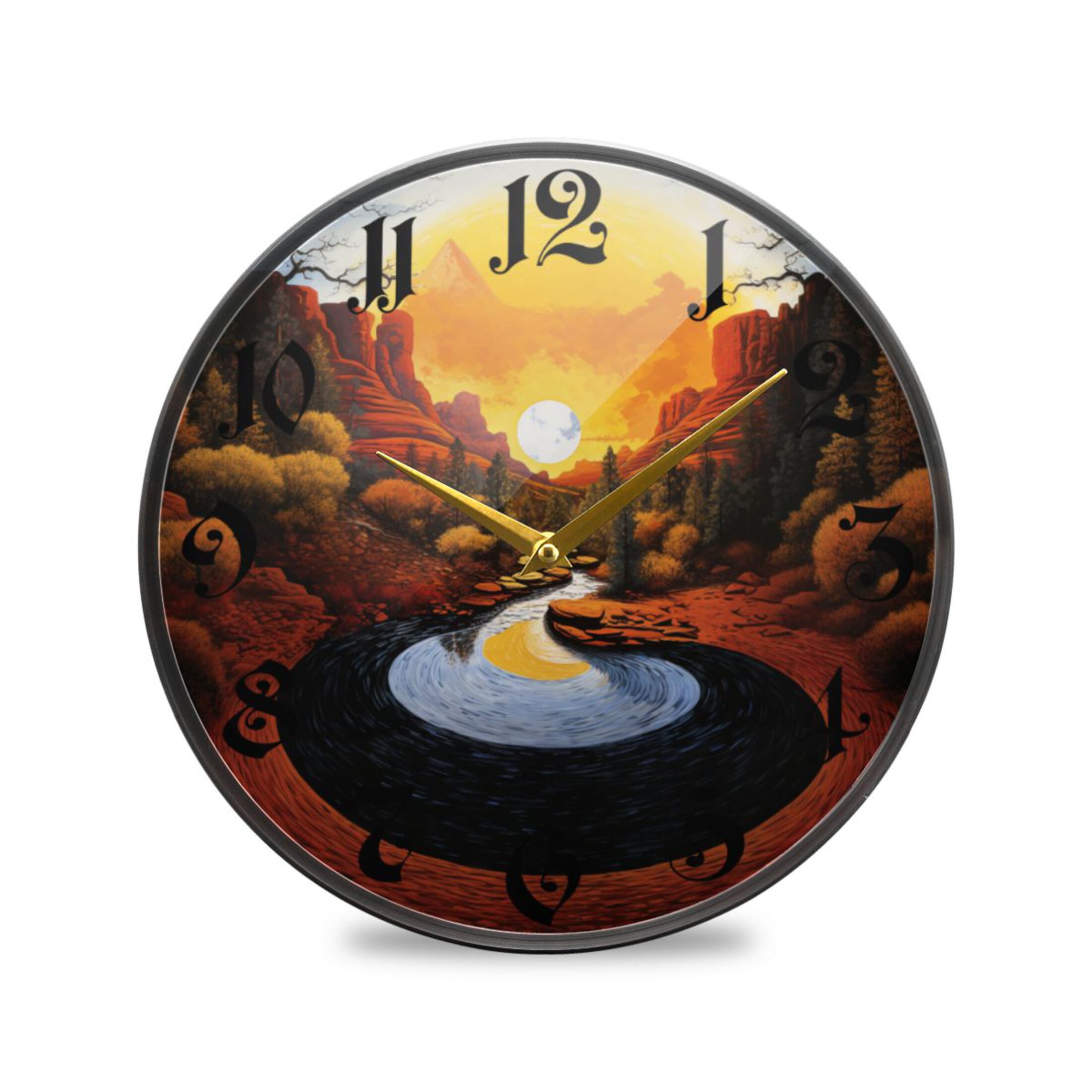 12" Round Silent Wall Clocks Sunset Mountain Landscape Acrylic Battery ...
