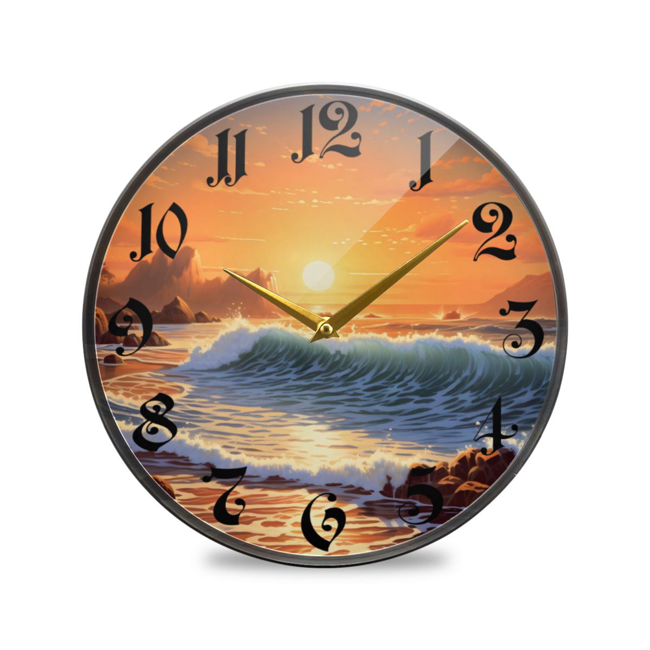 12" Round Silent Wall Clocks Sunset Sea Landscape Acrylic Battery ...