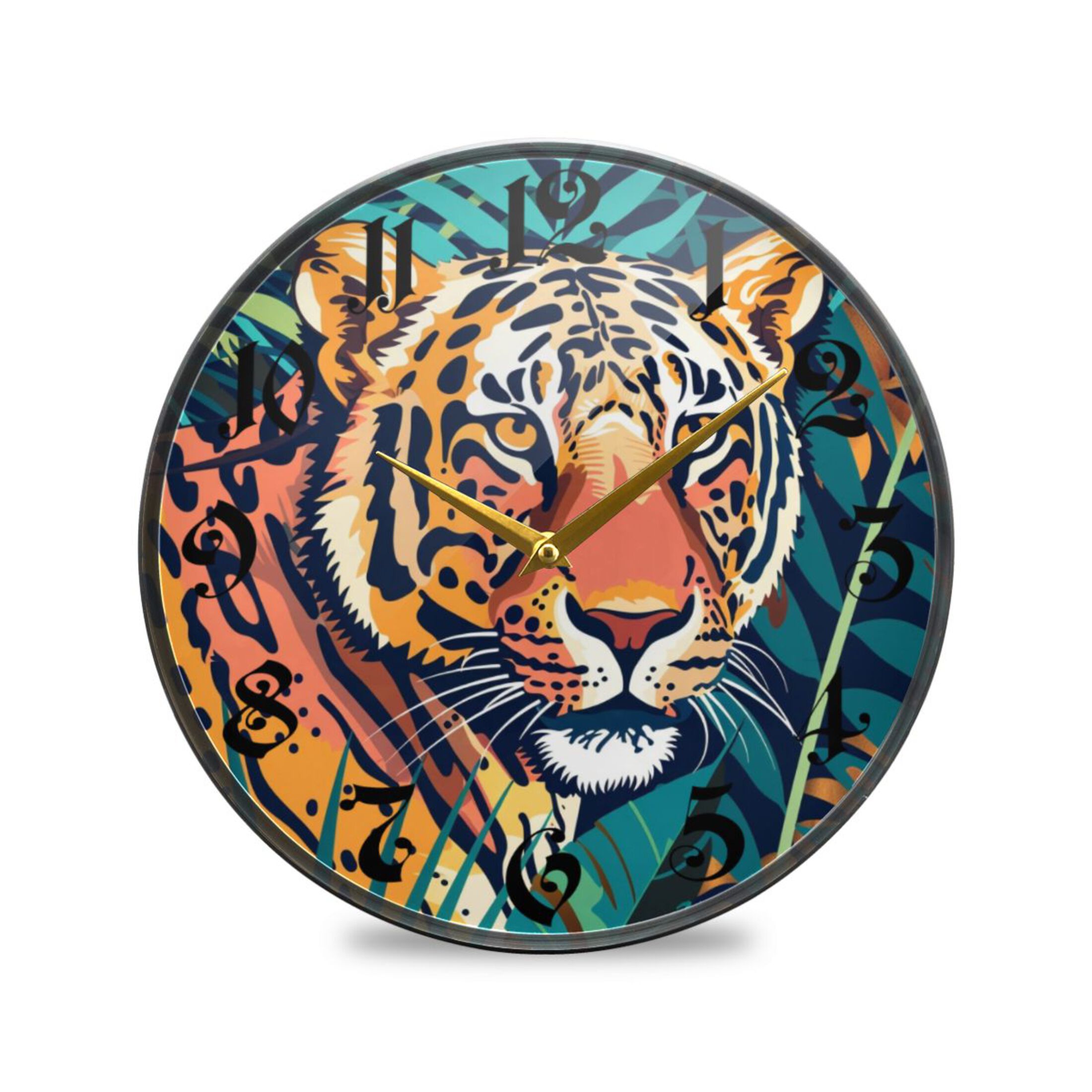 12" Round Silent Wall Clocks Tiger in Leaves Acrylic Battery Operated ...