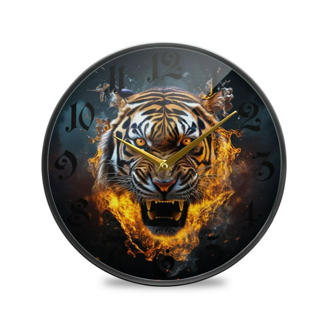 12" Round Silent Wall Clocks Tiger with Fire Acrylic Battery Operated ...