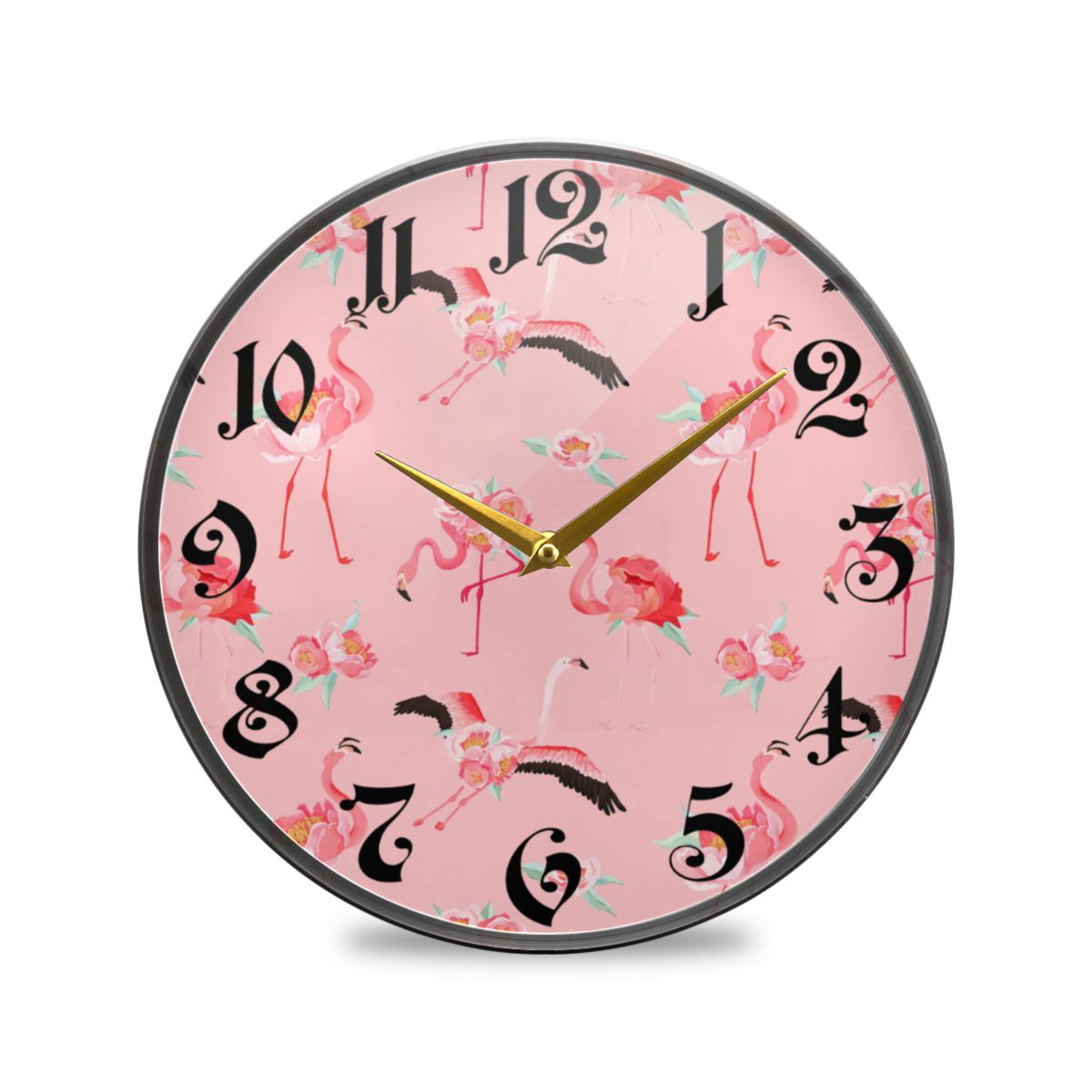 12" Round Silent Wall Clocks Tropical Flamingo Peony Flowers on Pink ...