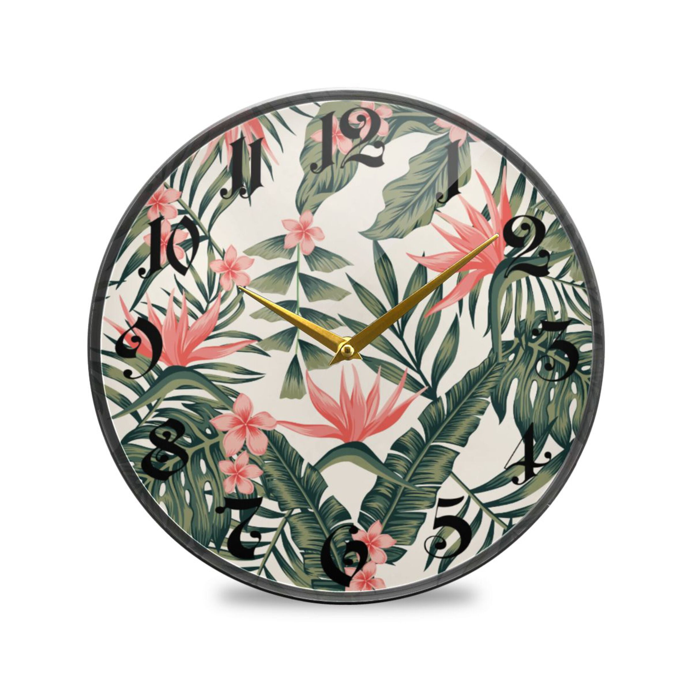 12" Round Silent Wall Clocks Tropical Palm Tree Flowers Acrylic Battery ...