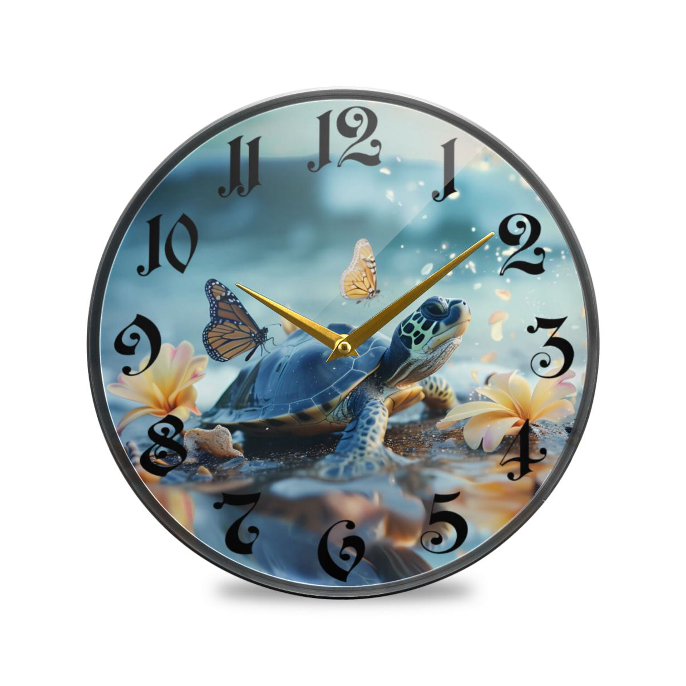 12" Round Silent Wall Clocks Turtle Butterfly Floral on Water Acrylic ...
