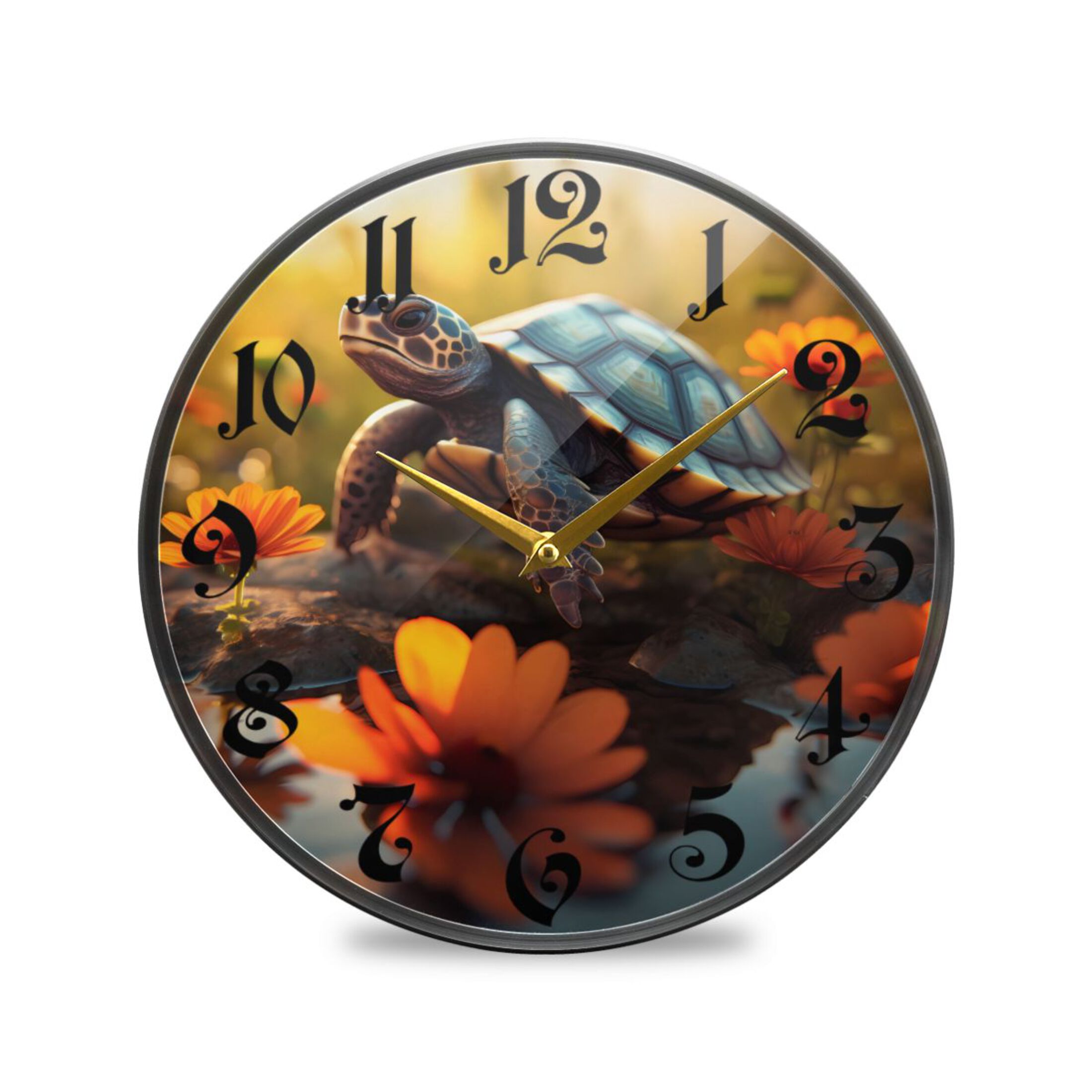 12" Round Silent Wall Clocks Turtle and Wild Flowers Acrylic Battery ...