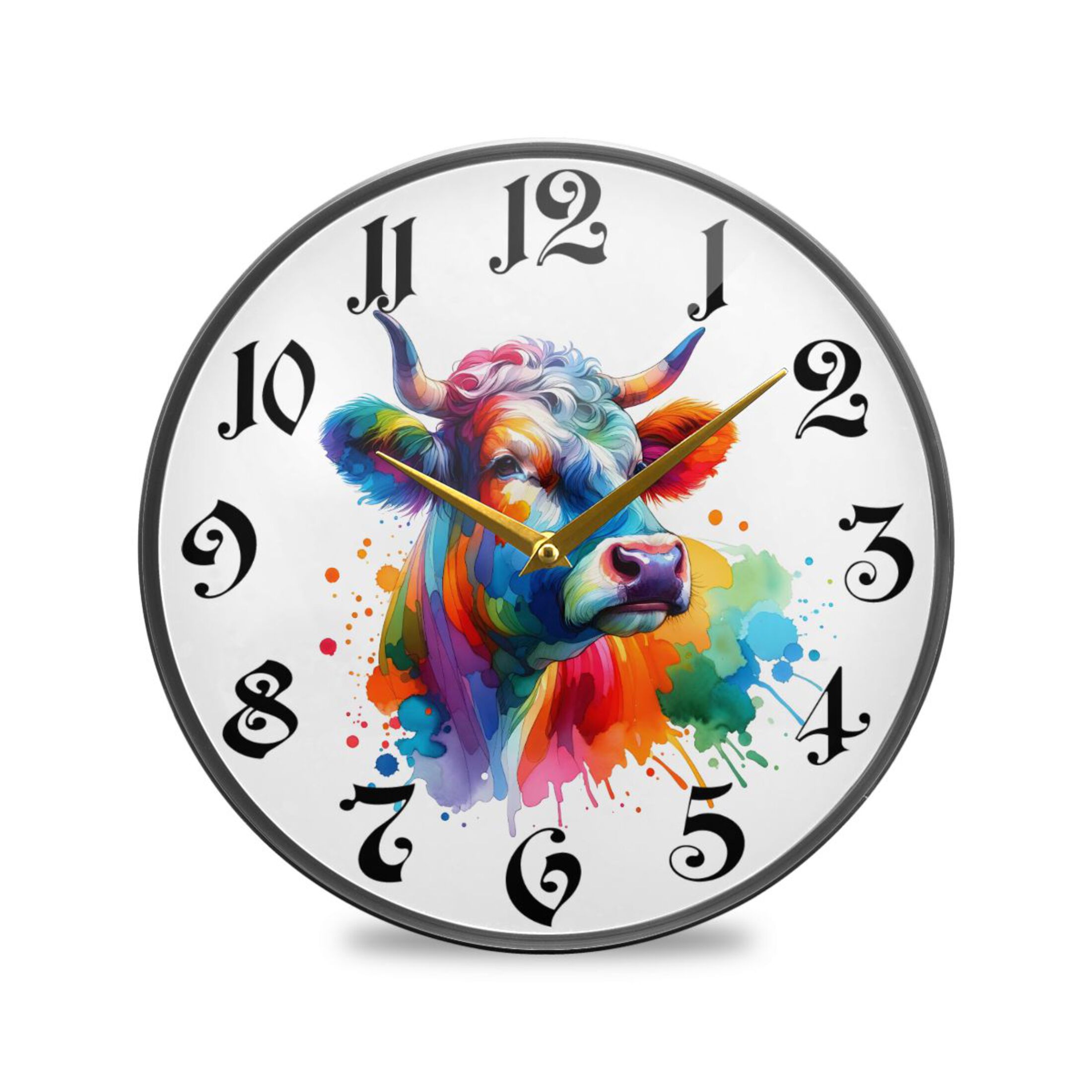 12" Round Silent Wall Clocks Watercolor Cow Colorful Acrylic Battery ...