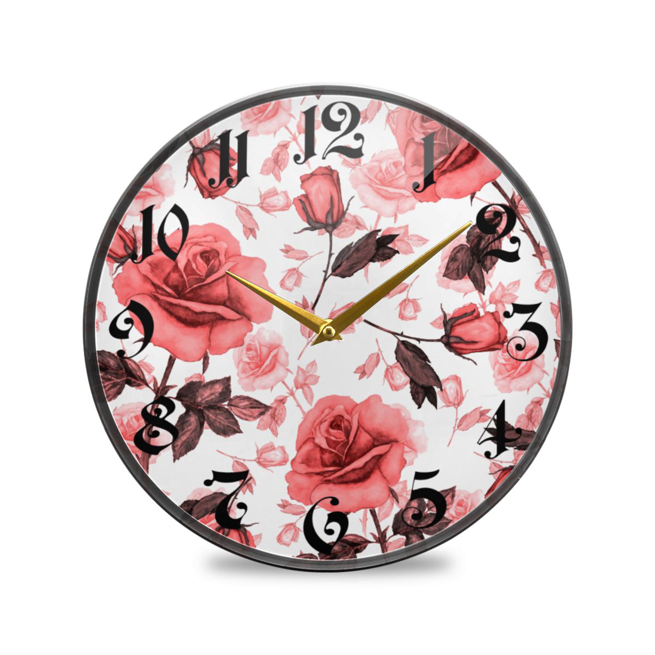 12" Round Silent Wall Clocks Watercolor Red Roses Acrylic Battery ...