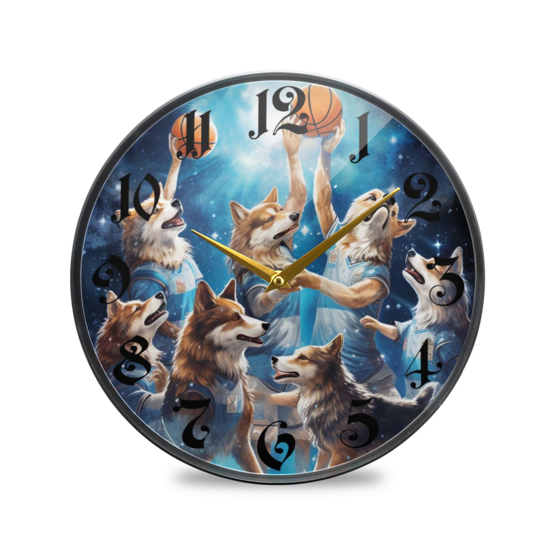 12" Round Silent Wall Clocks Wolf Play Basketball Acrylic Battery ...