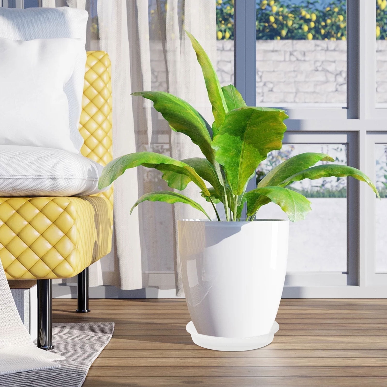 12" Round White Resin Planters – Floor Standing Flower Pots - Sleek ...