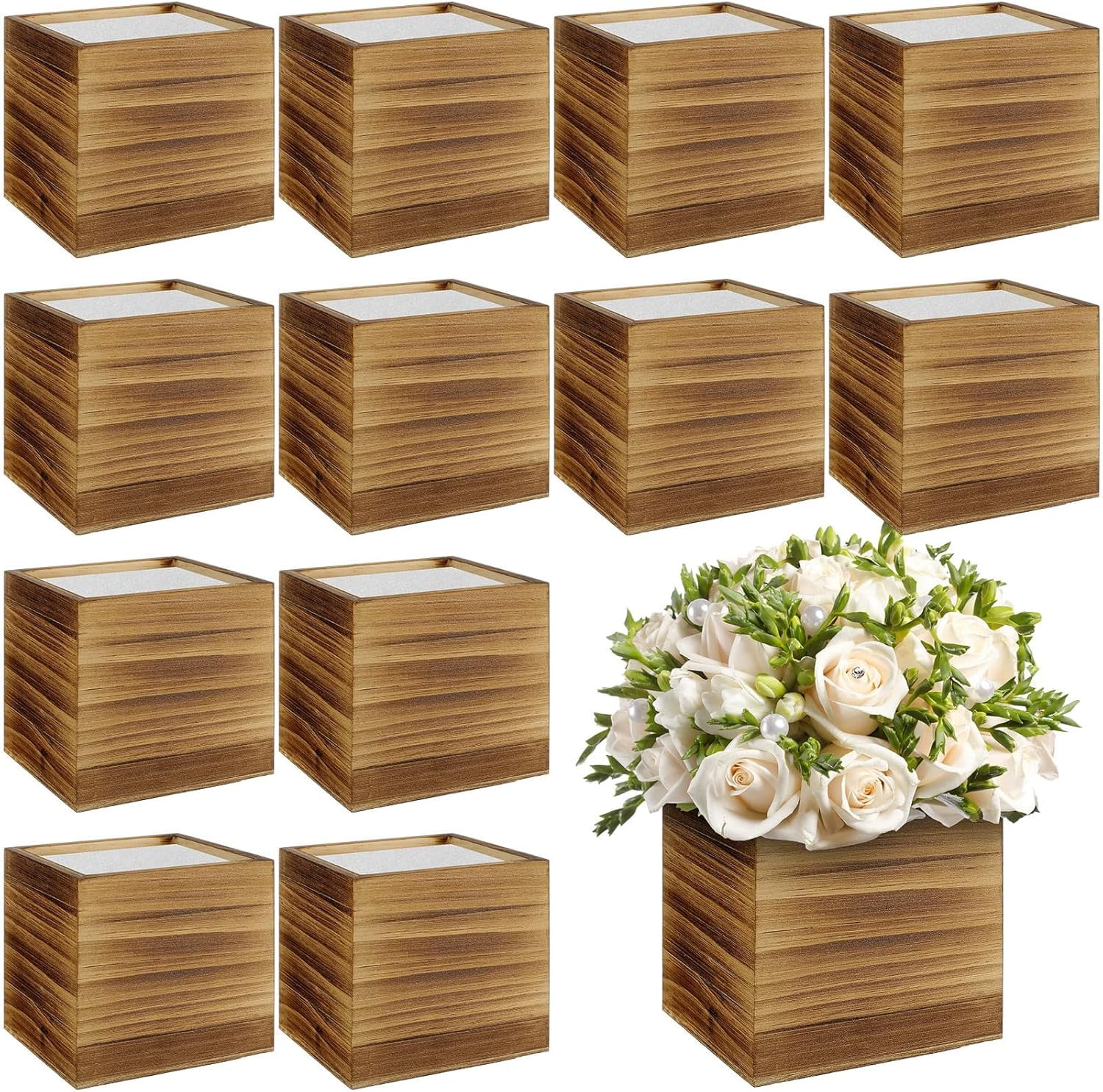 12 Set 4 Inch Wooden Planter Box Flower Square vases for Centerpiece ...