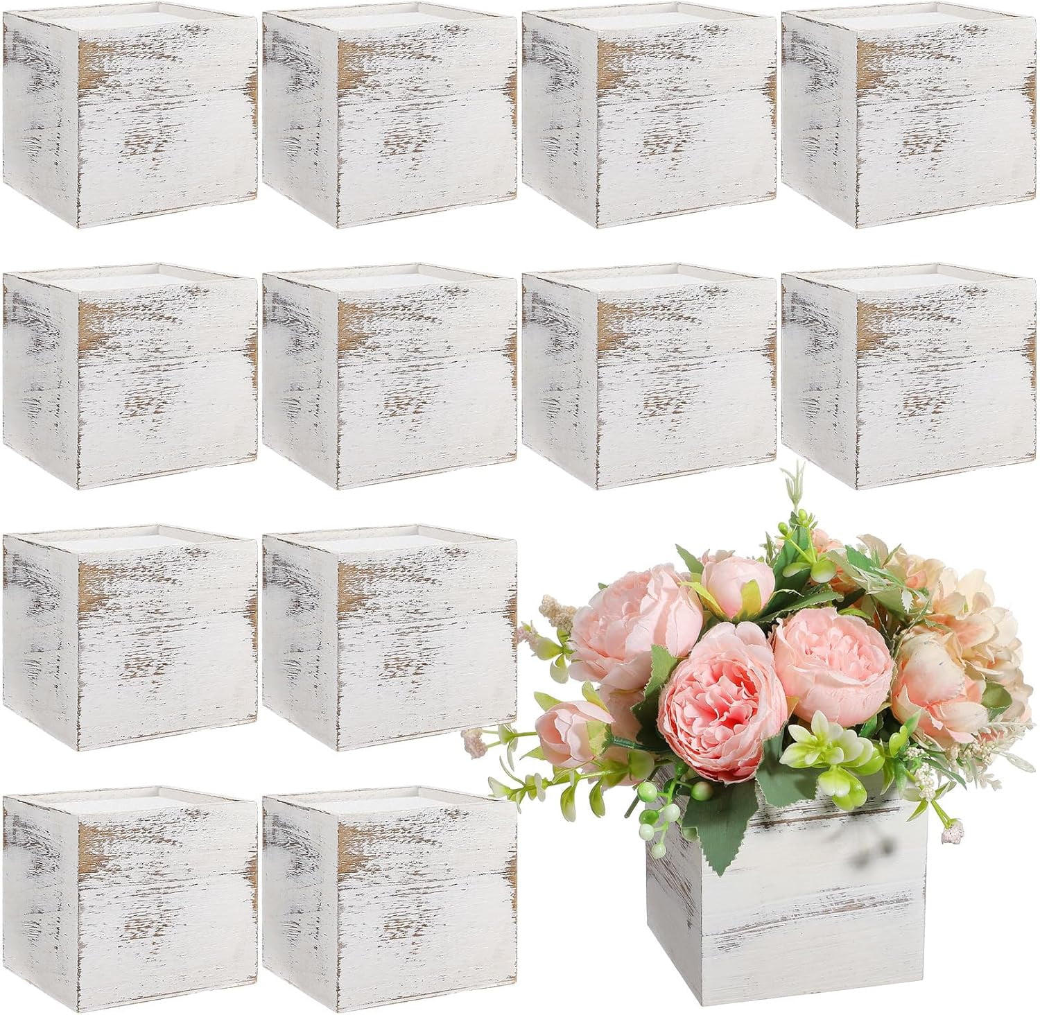 12 Set 4 Inch Wooden Planter Box Square Flower Rustic Cube Planter Box ...