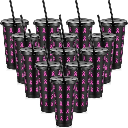 12 Set Breast Cancer Awareness Plastic Cups for Women 24 oz Pink Ribbon ...
