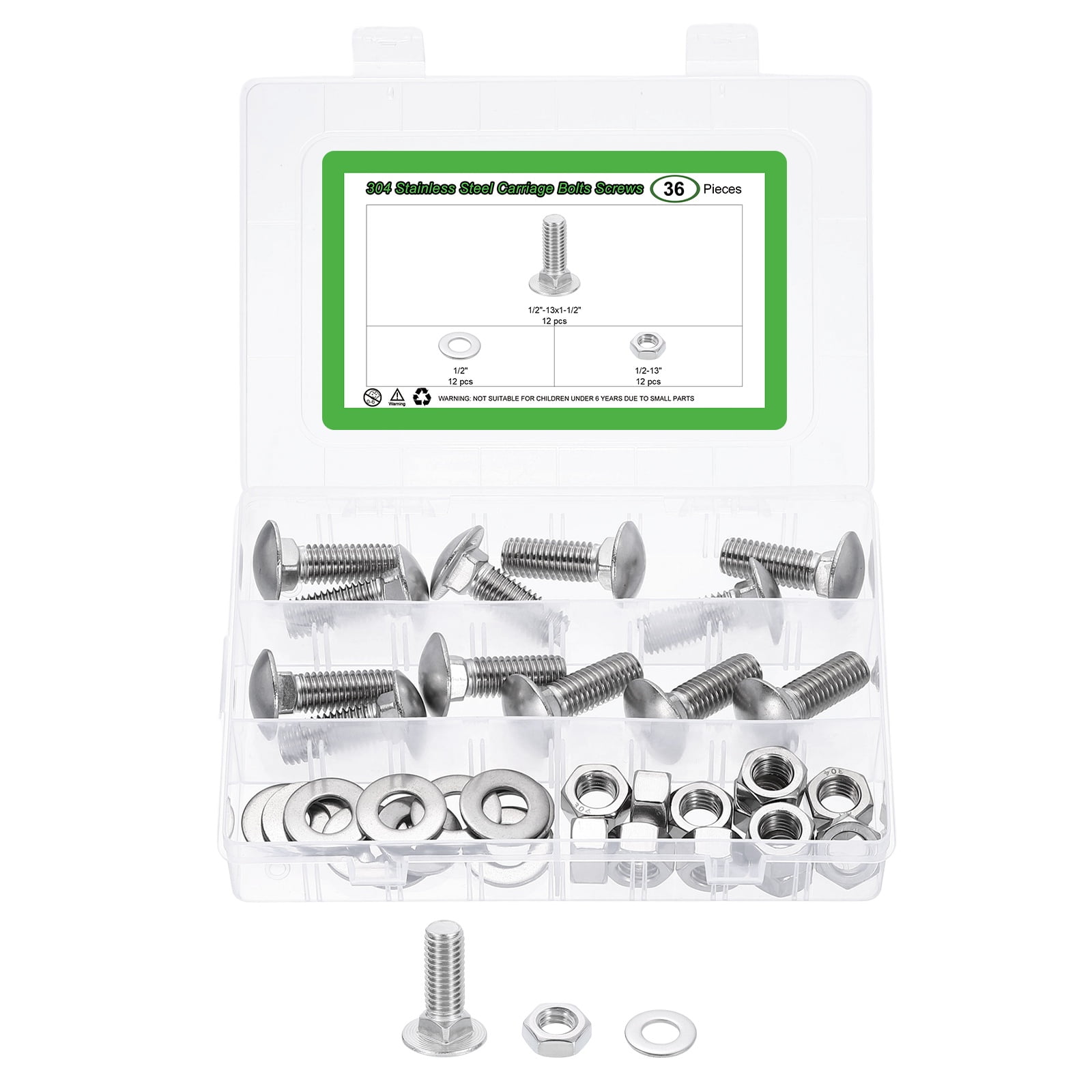 12 Set Carriage Bolts and Nuts Kit, 1/2"-13x1-1/2" Stainless Steel 304 ...