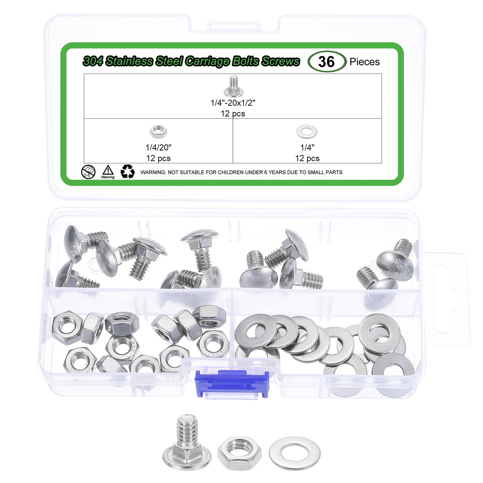 12 Set Carriage Bolts and Nuts Kit, 1/4"-20x1/2" Stainless Steel 304 ...