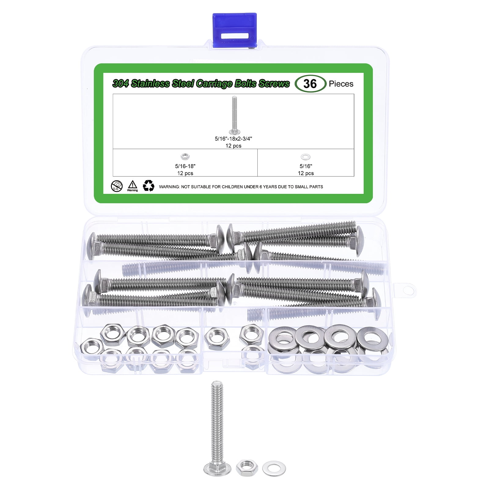 12 Set Carriage Bolts and Nuts Kit, 5/16"-18x2-3/4" Stainless Steel 304 ...