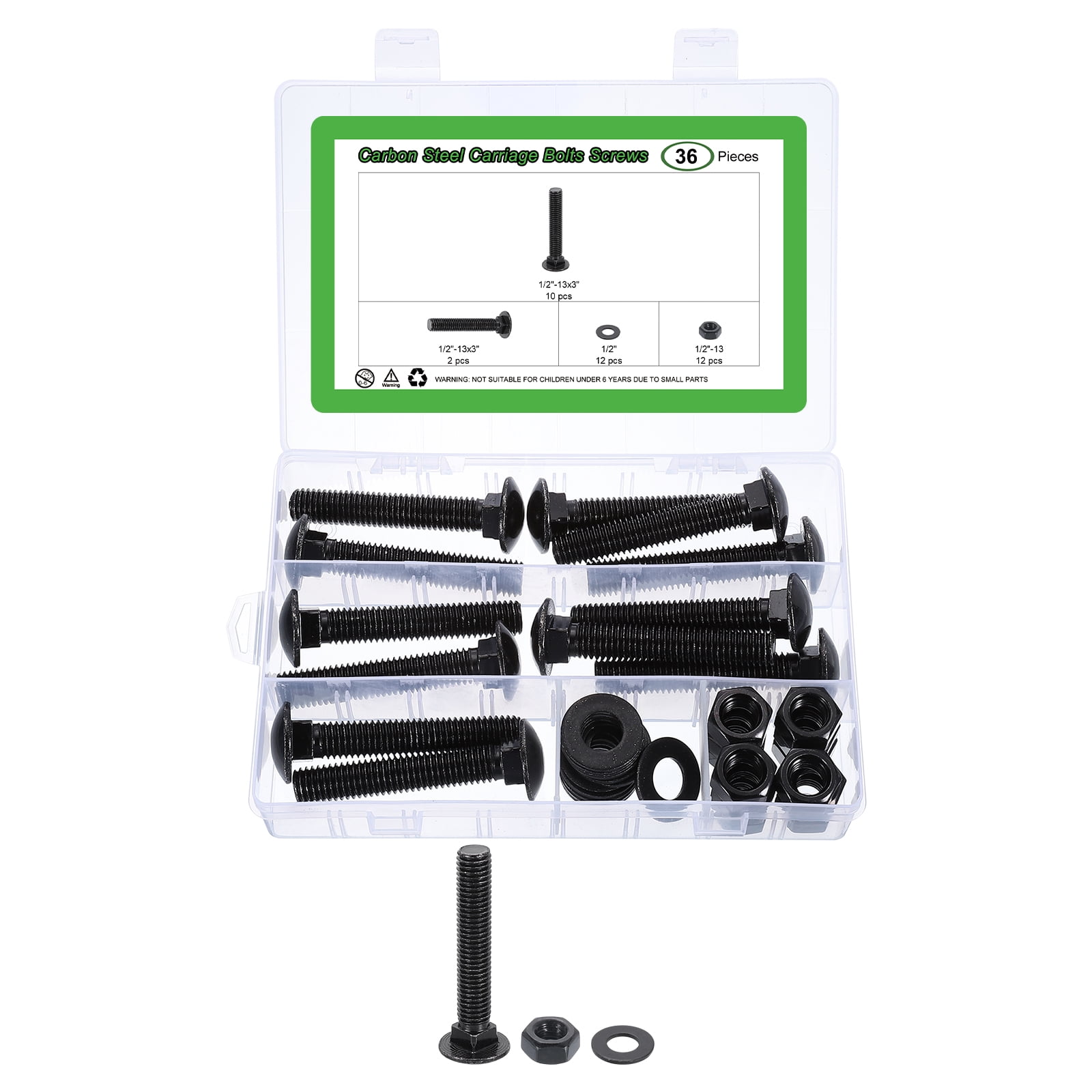 12 Set Carriage Bolts and Nuts Kit, 1/2"-13x3" Carbon Steel Round Head ...
