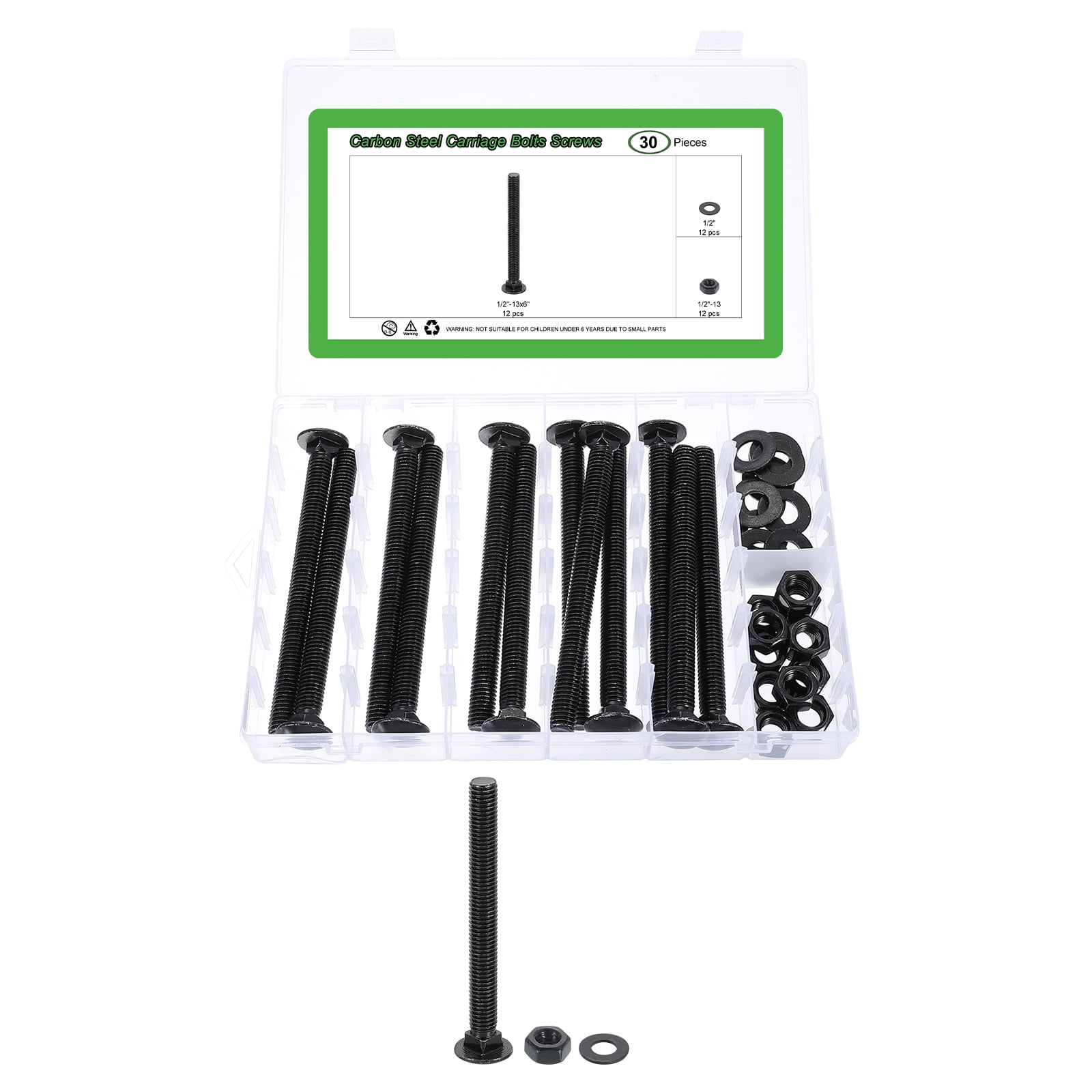 12 Set Carriage Bolts and Nuts Kit, 1/2"-13x6" Carbon Steel Round Head ...