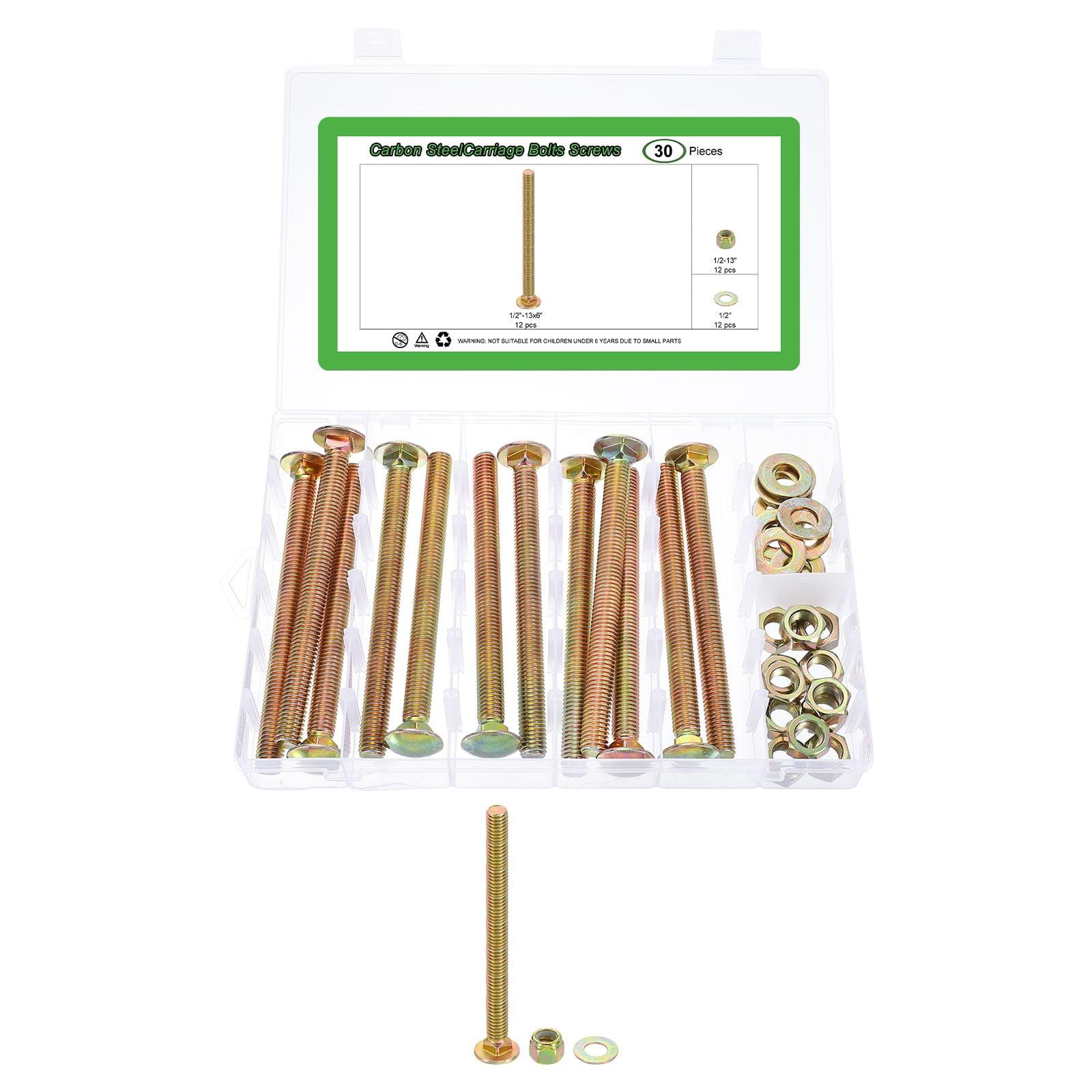 12 Set Carriage Bolts and Nuts Kit, 1/2"-13x6" Carbon Steel Round Head ...