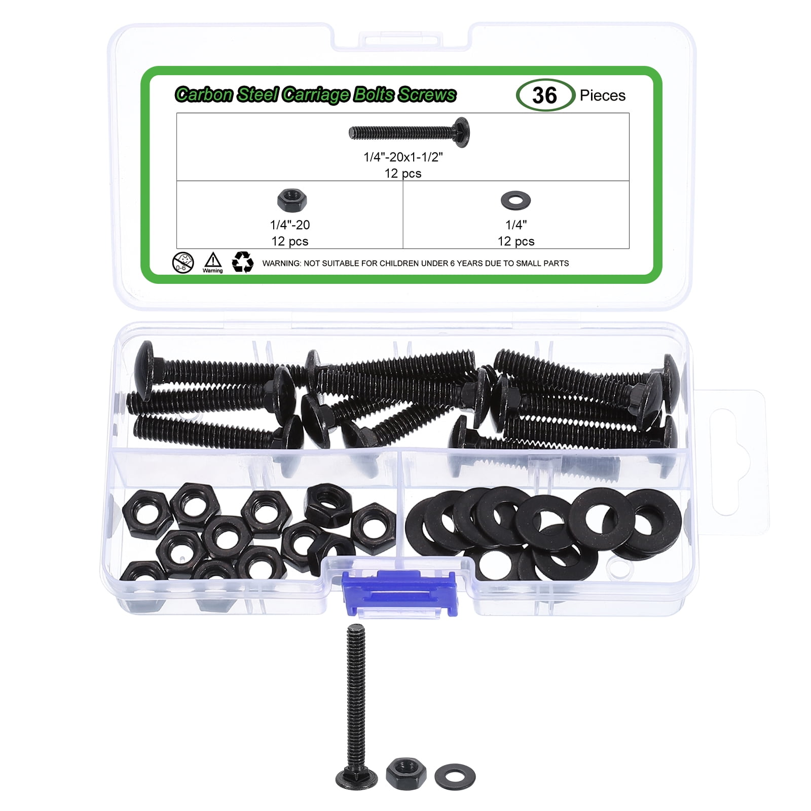 12 Set Carriage Bolts and Nuts Kit, 1/4"-20x1-1/2" Carbon Steel Round ...