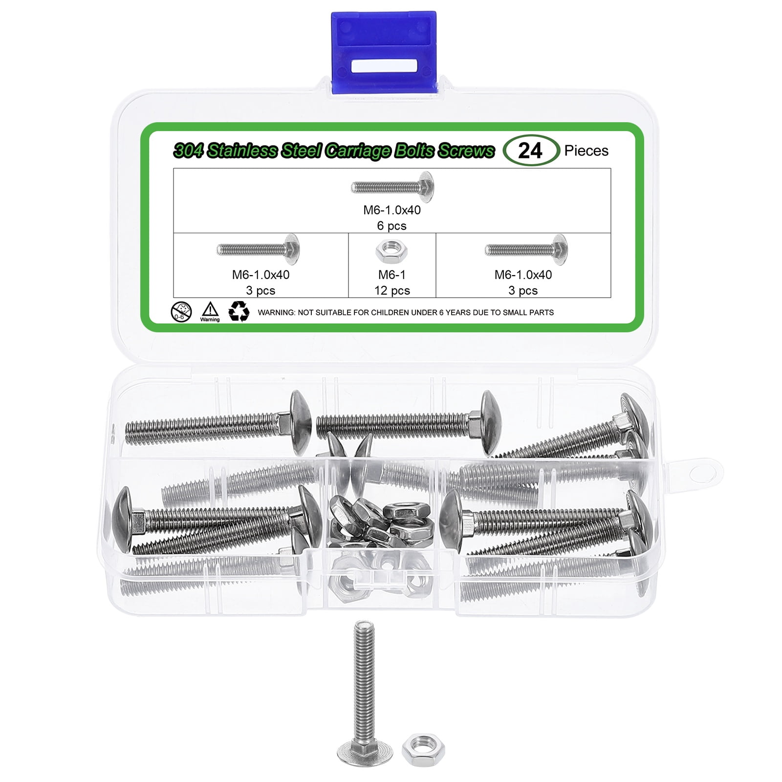 12 Set Carriage Bolts and Nuts Kit, M6-1.0x40 Stainless Steel 304 Round ...