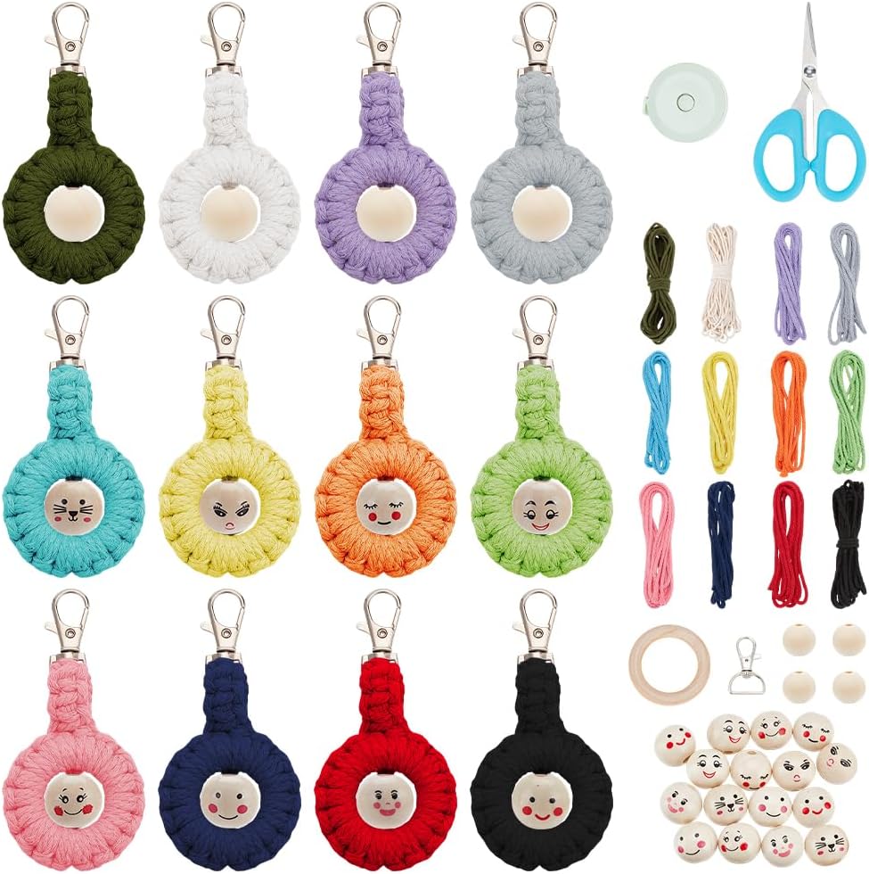 12 Set Macrame Keychain Kit Macrame Wooden Bead Keychain for Bag ...