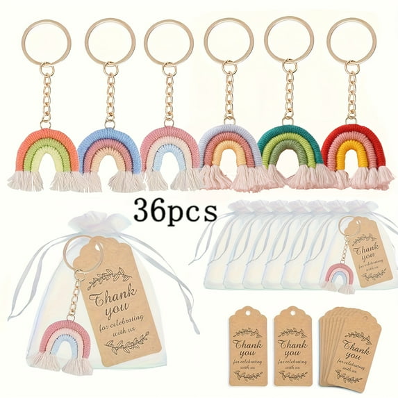 12 Set Macrame Rainbow Keychains with Thank-You Cards & Organza Bags ...