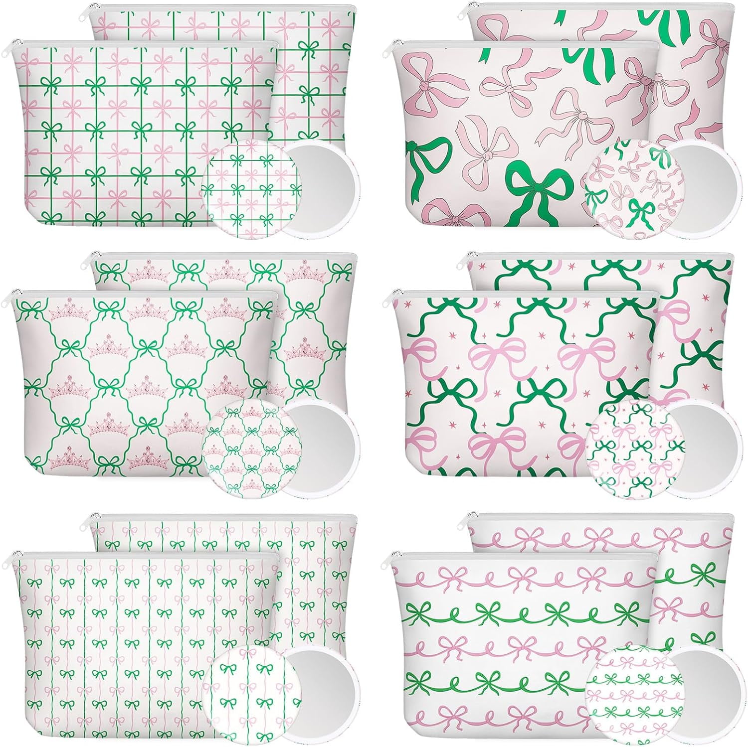 12 Set Pink and Green Party Favor Bow Makeup Bag Compact Mirrors ...