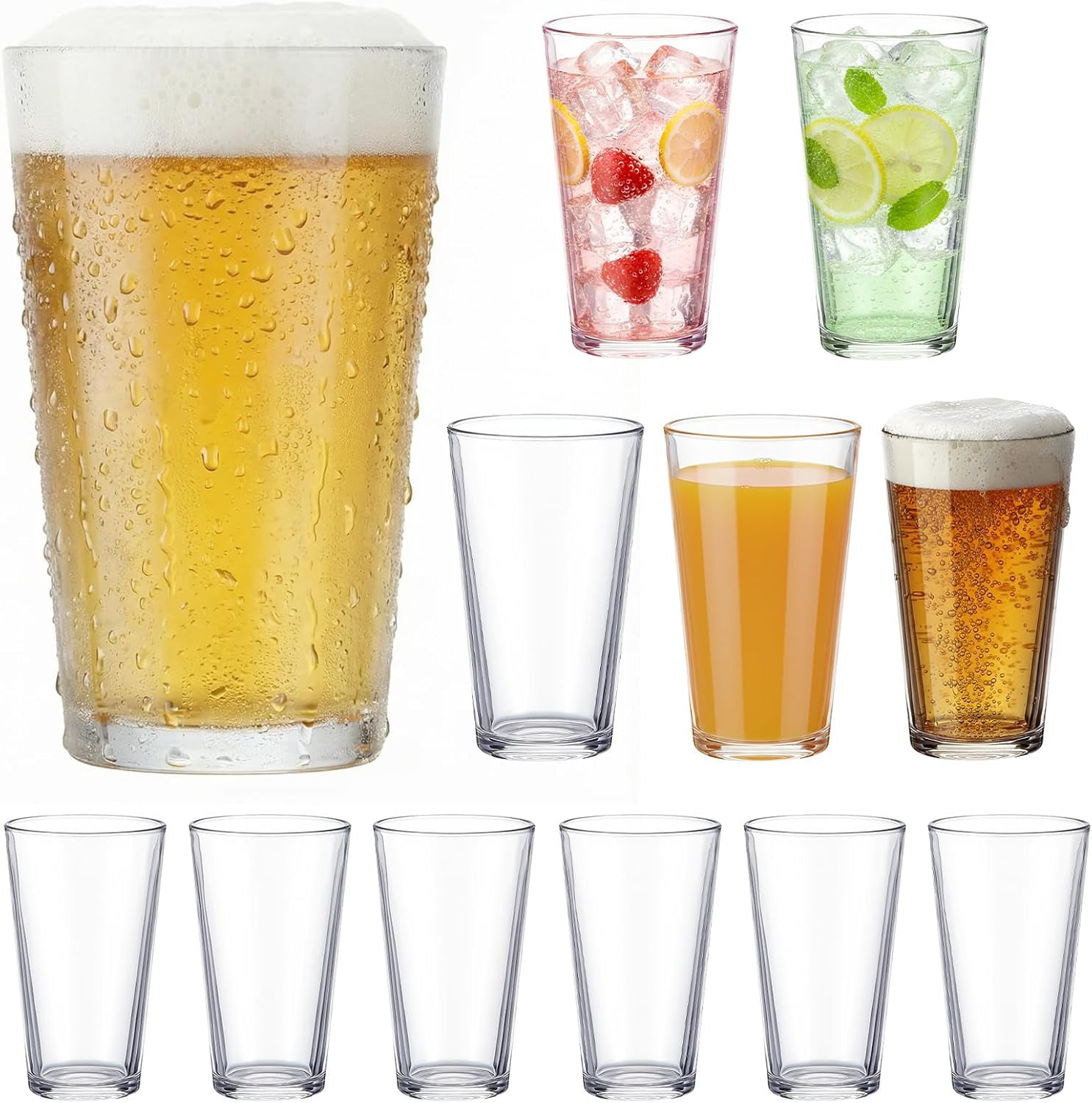 12 Set Pint Beer Glasses 16 oz Drinking Made for Beverages, Juice ...