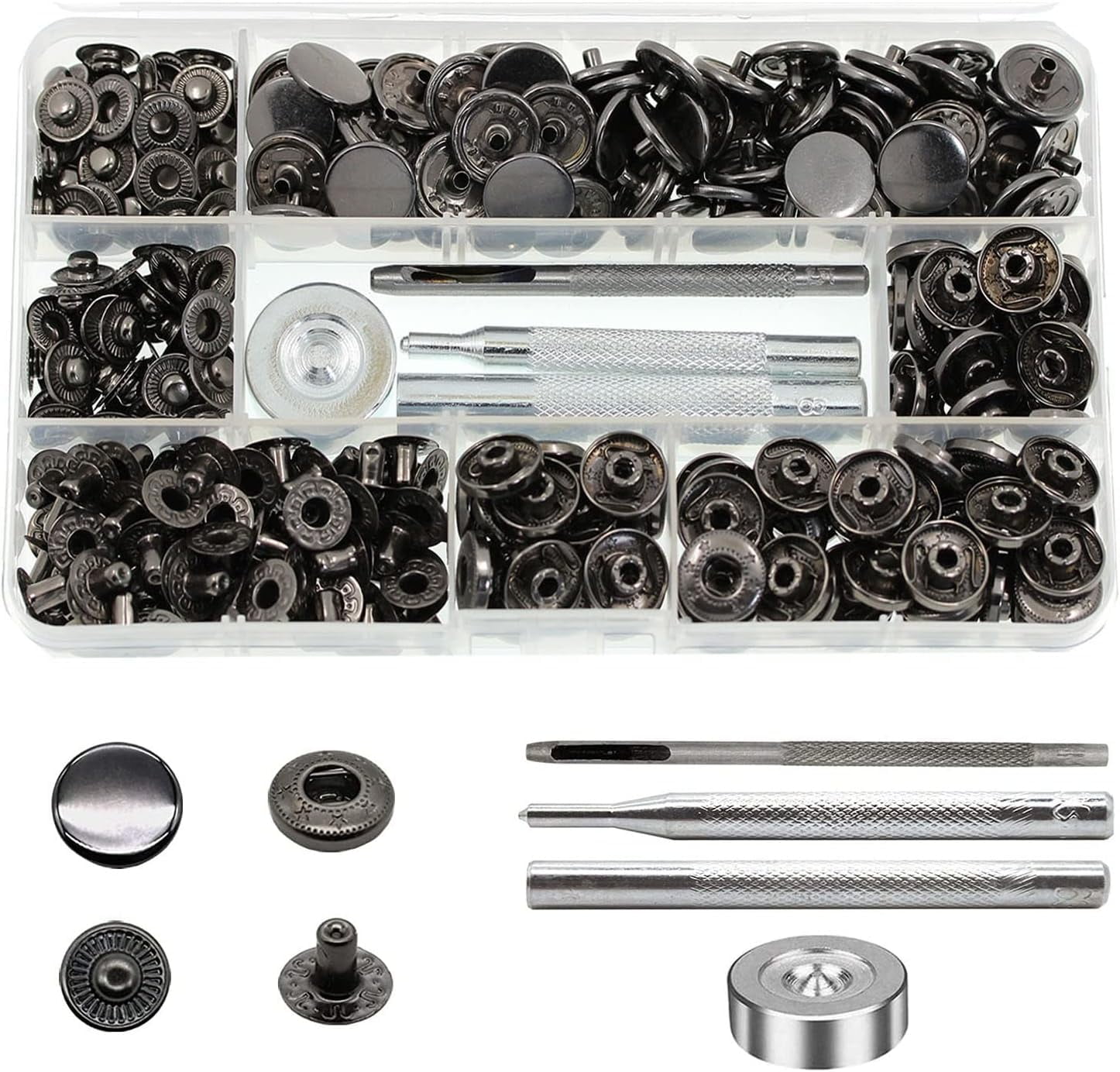 12 Set Snap Fasteners Kit + Leather Rivets, Snap Buttons Press Studs ...