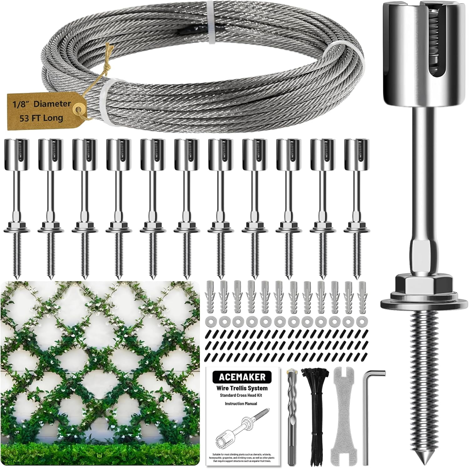 12-Set Wall Wire Trellis Kit for Climbing Plants Outdoor with 1/8in X ...