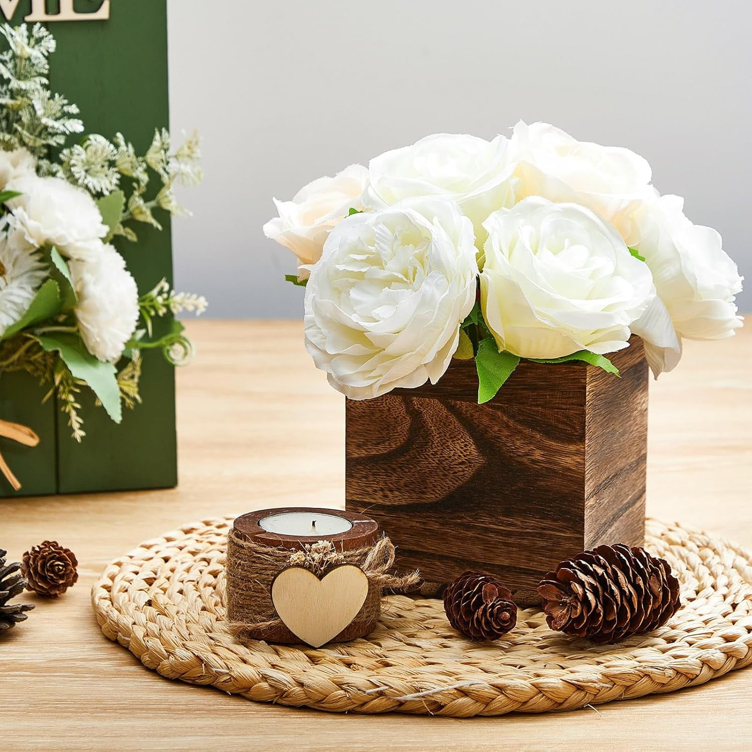 12 Set Wood Cube Planter Box Square Rustic Vase with Removable Liner ...