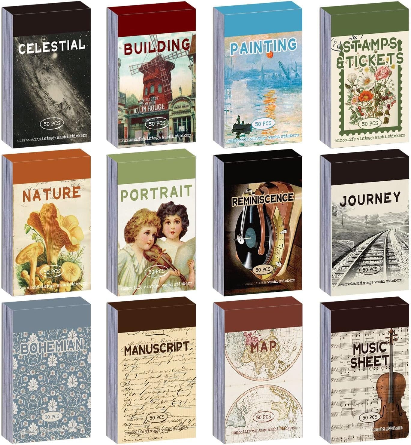 12 Sets 600 Sheets Washi Stickers for Journaling, Map Nature Celestial ...