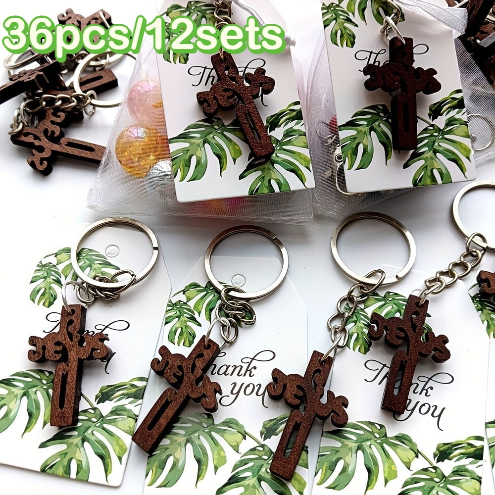 12 Sets Baptism Party Favors, Wooden Cross Keychains with Thank-You ...