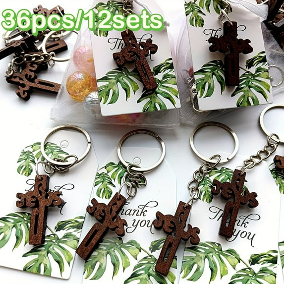 12 Sets Baptism Party Favors, Wooden Cross Keychains with Thank-You ...