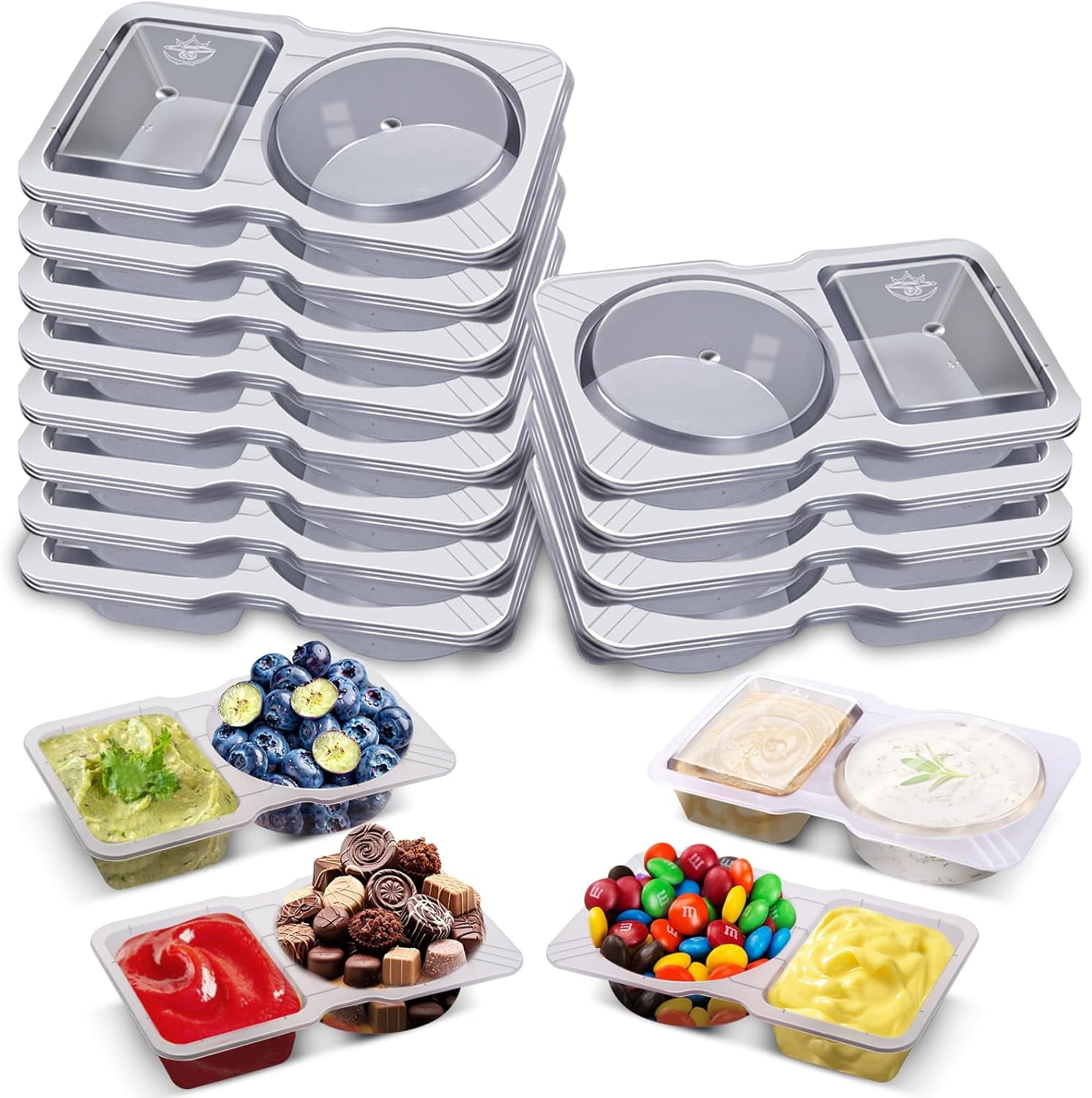 12 Sets Double Compartment Condiment Container with Lid, Reusable Snack ...