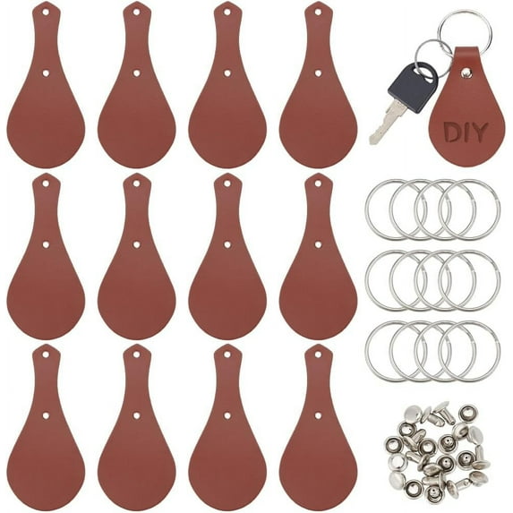 12 Sets Genuine Leather Keychain Kit Brown Blanks Leather Keychains Kit ...