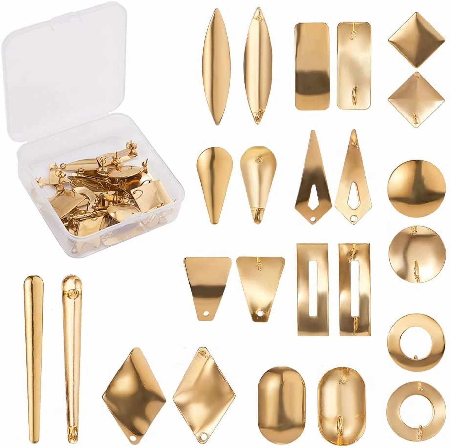 12 Sets Gold Plated Earring Posts Kit 12 Pairs Rhombus Flat Round Cone ...