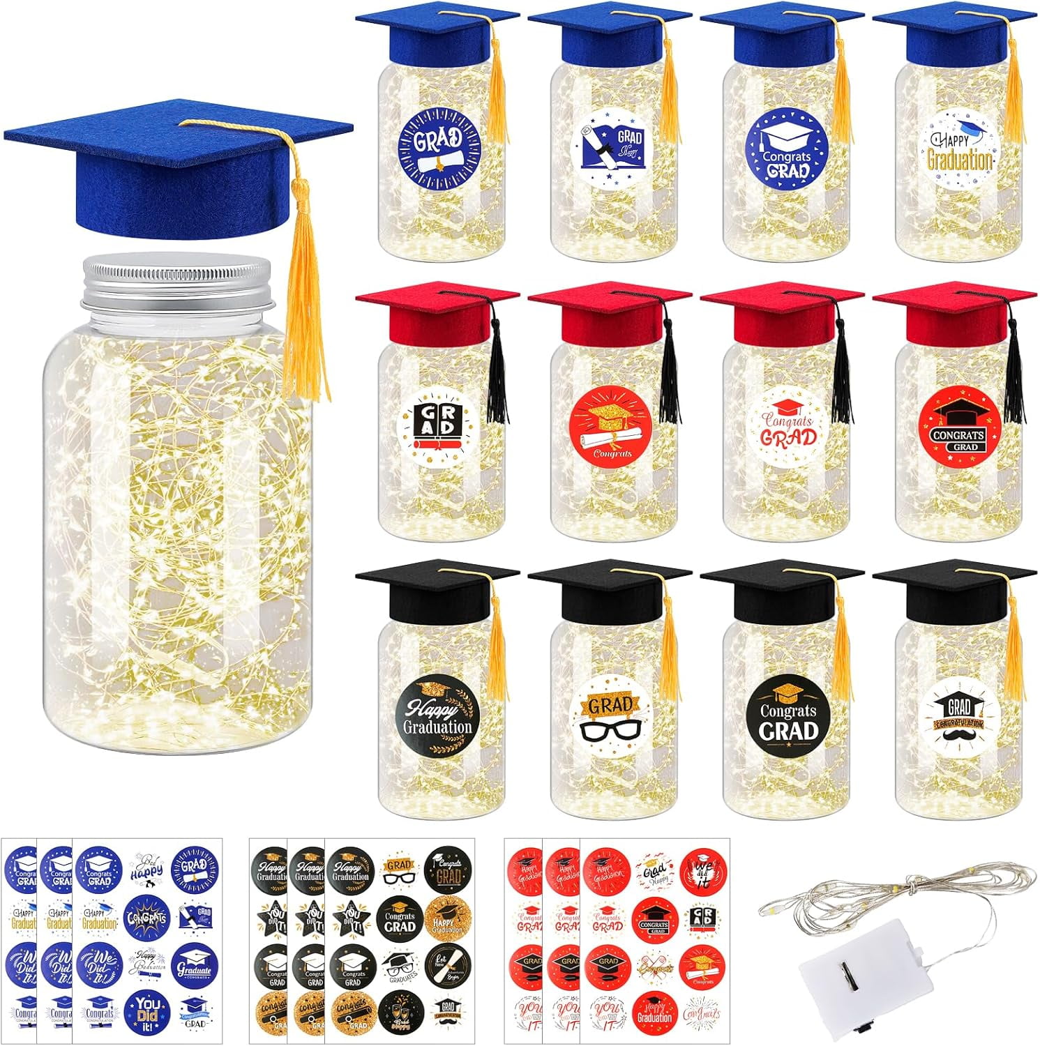 12 Sets Graduation Table Decor Mason LED Light Up Clear Jars with Felt ...