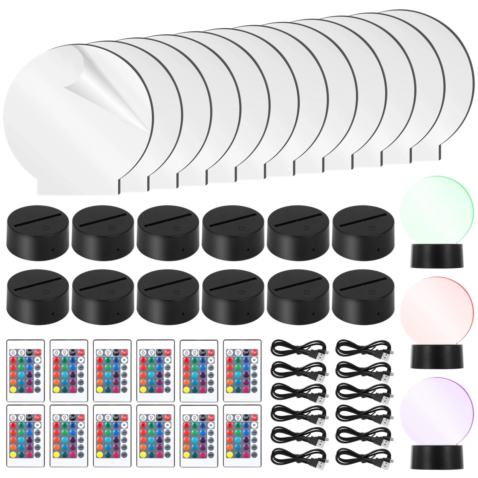12 Sets LED Lamp Base with Acrylic, Clear Round Acrylic Sheet and LED ...