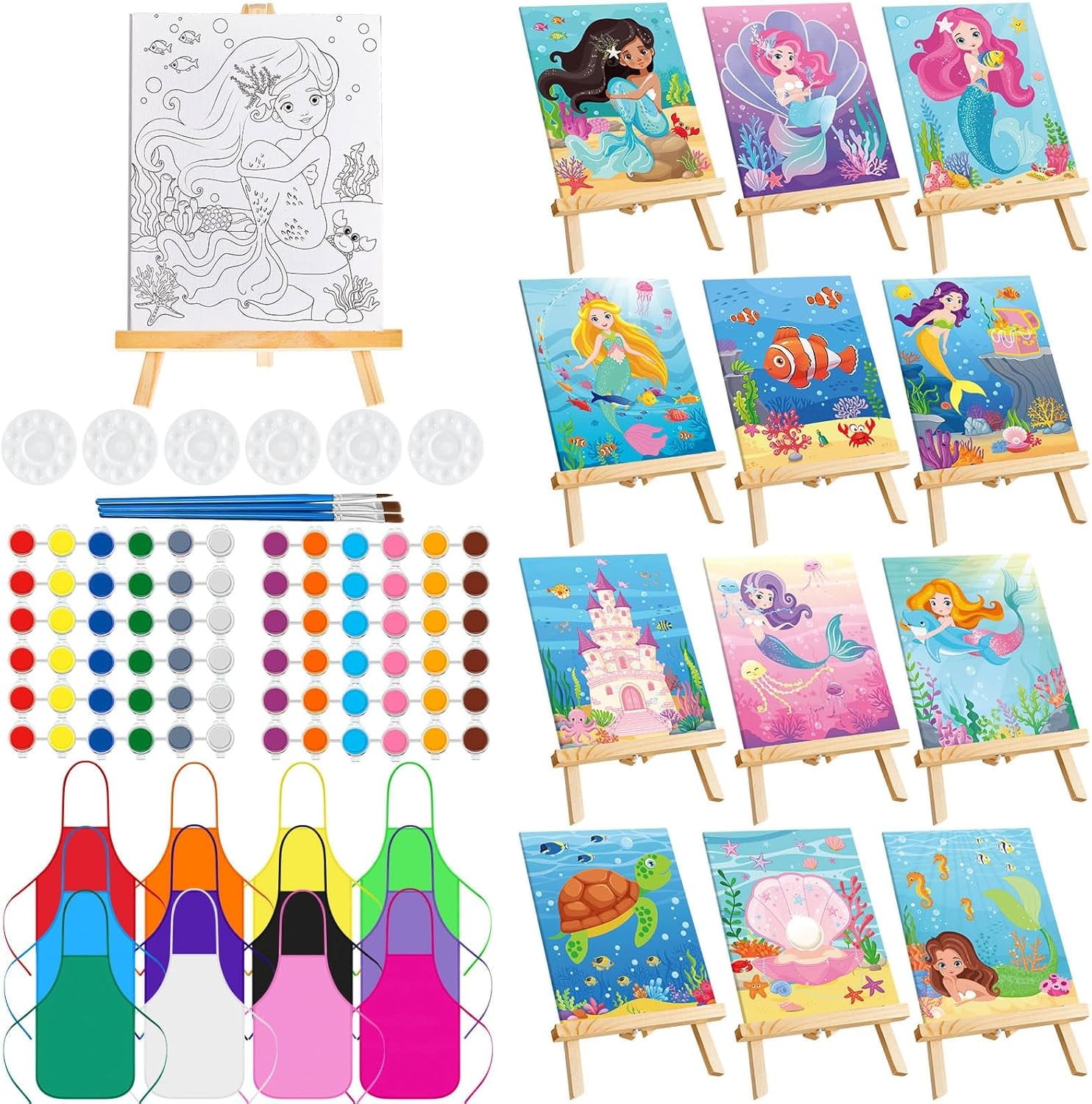 12 Sets Pre Draw Canvas to Paint Party Kits Include 12 Mermaid Pre ...