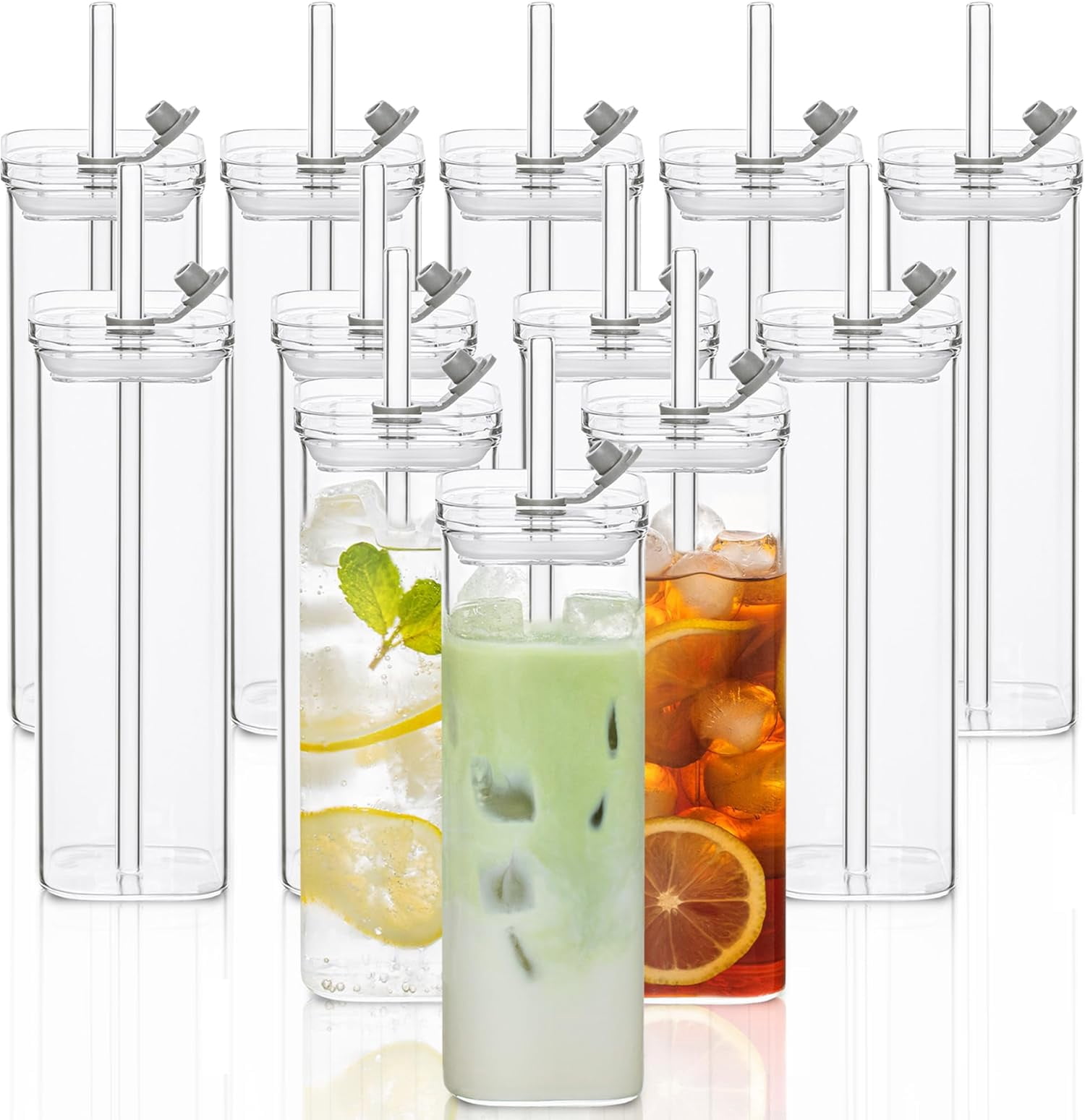 12 Sets Square Drinking Glass Cups with & Straws, 17 Oz Clear Highball ...
