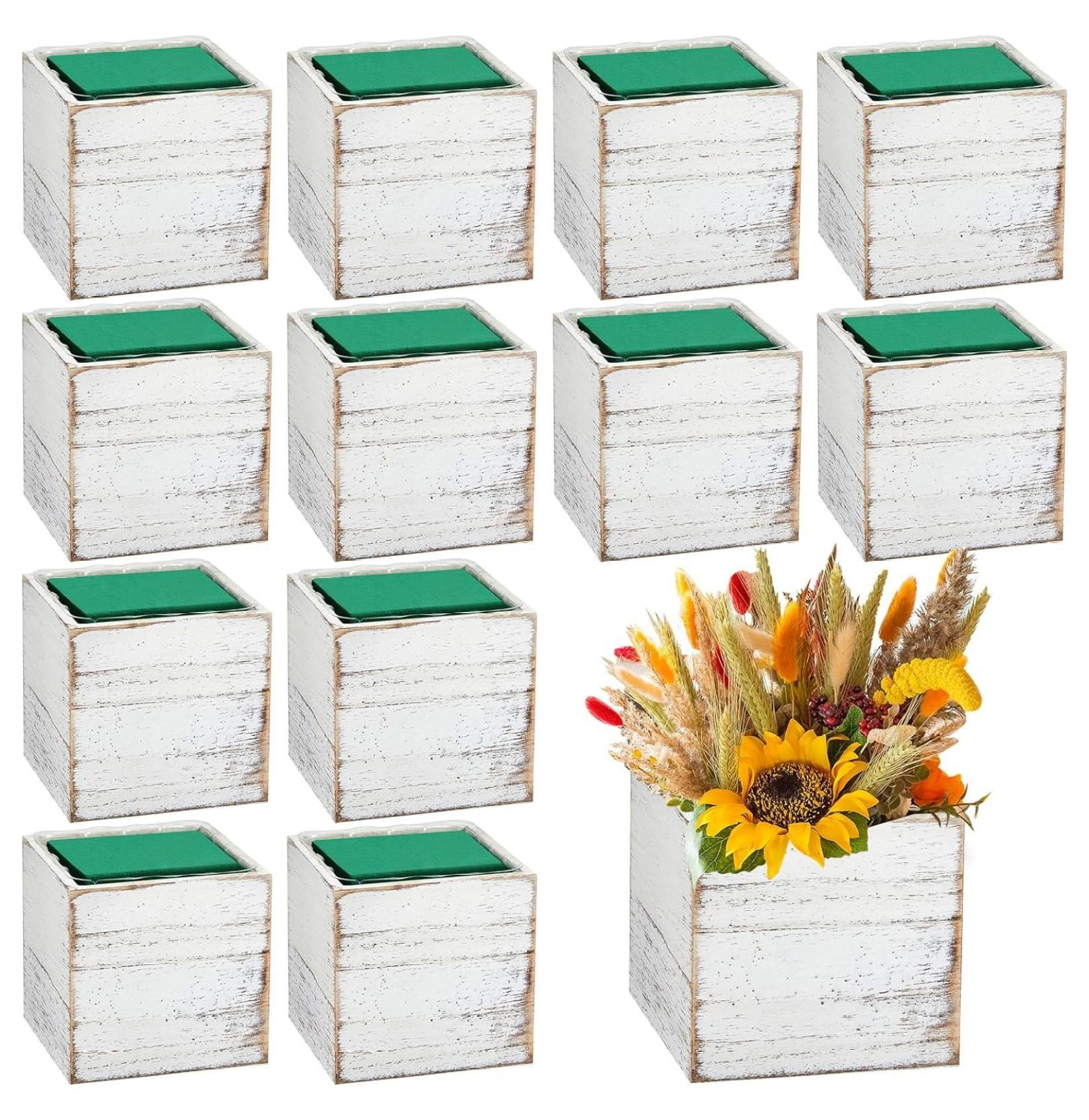 12 Sets Square Wood Planter Box Wood Cube Planter Box White Rustic Vase ...