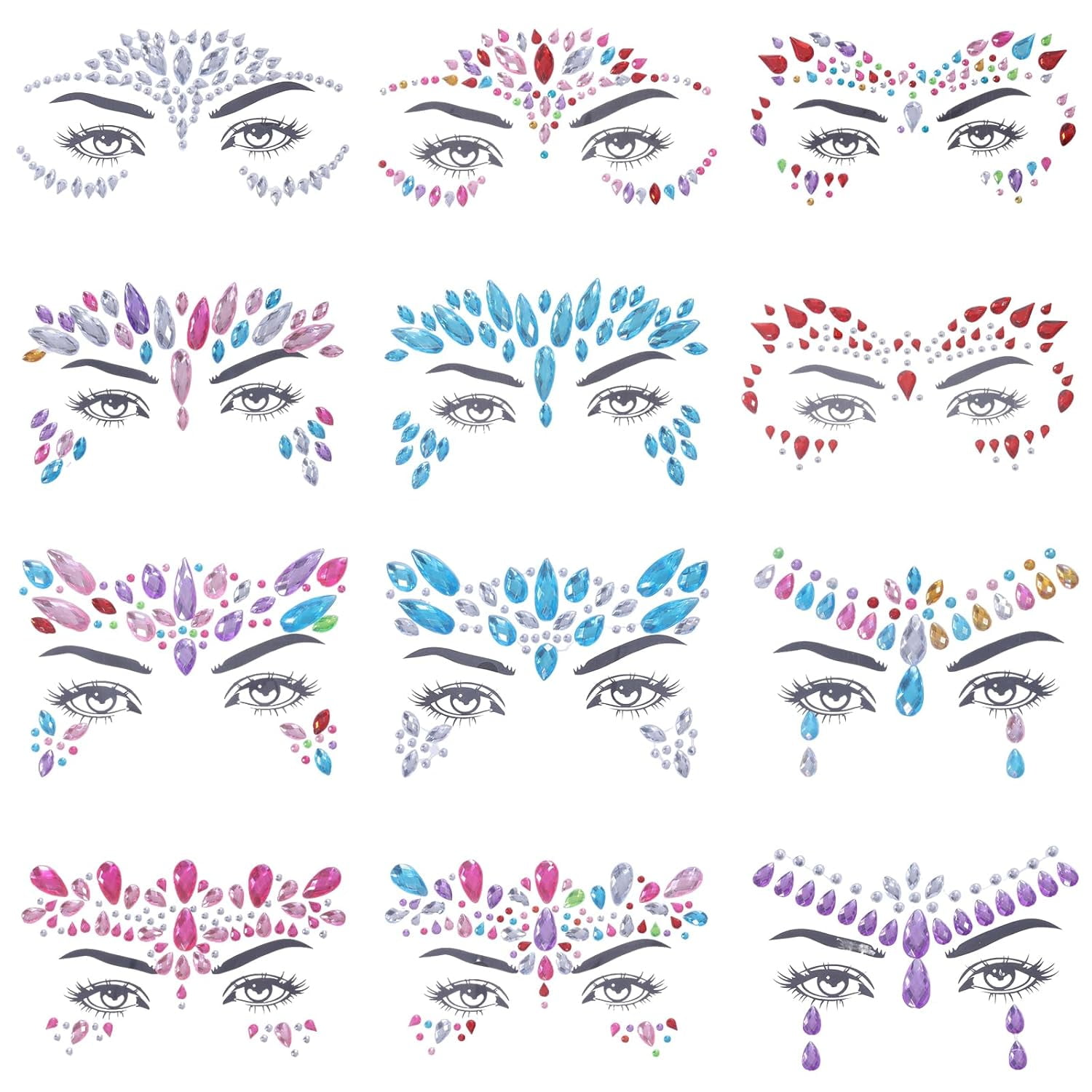 12 Sets 12 Styles Face Jewels Mermaid Face Jems Rhinestones Glitter ...