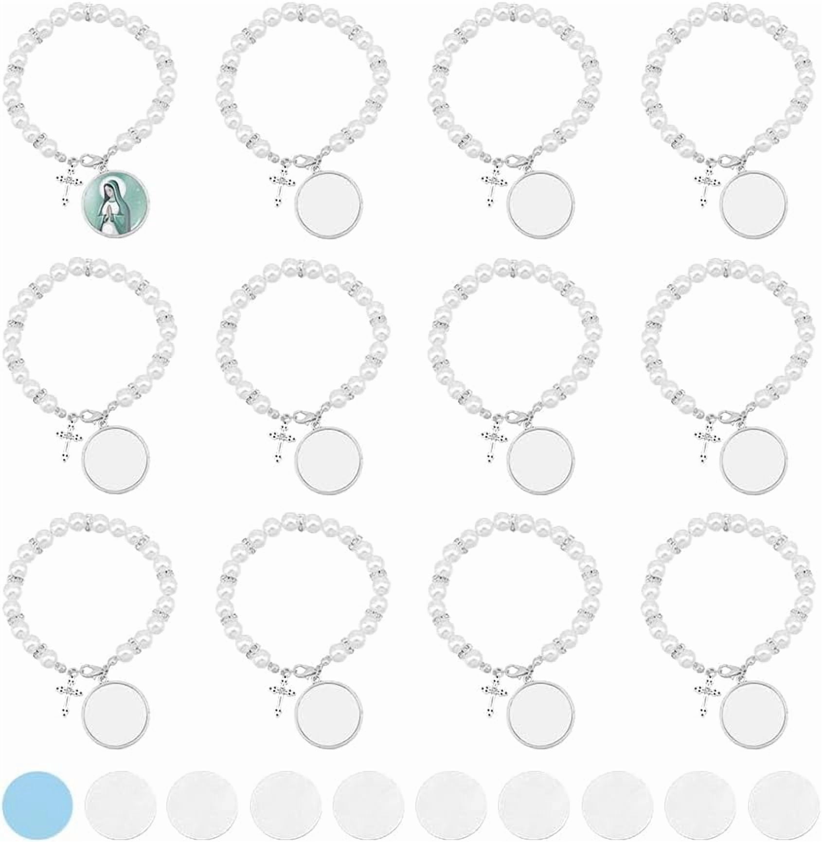12 Sets Sublimation Rosary Blank Bracelets for Baptism Imitation Pearl ...