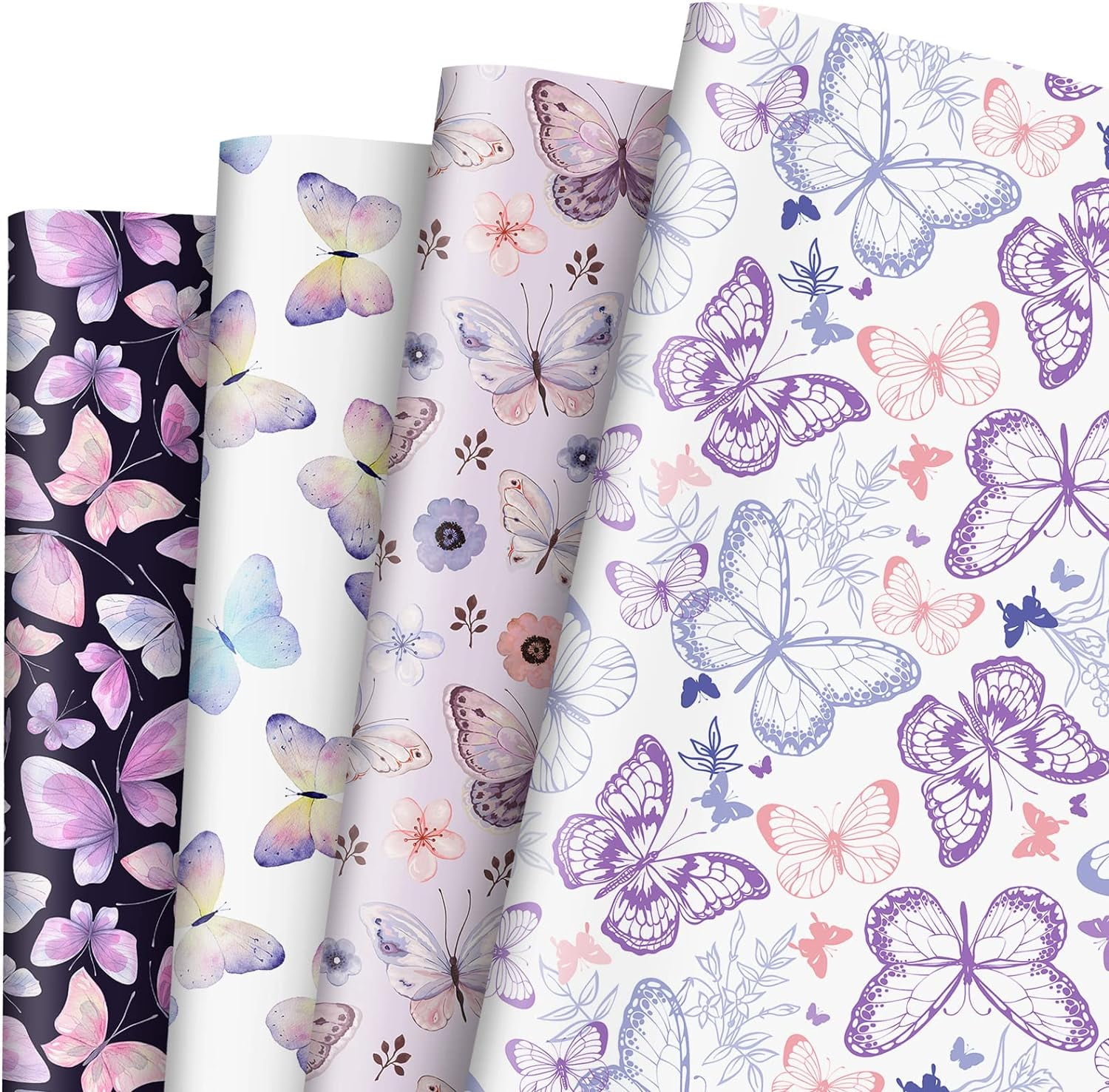 12 Sheet Butterfly Wrapping Paper - Purple Pink Bulk Gift Wrap for ...