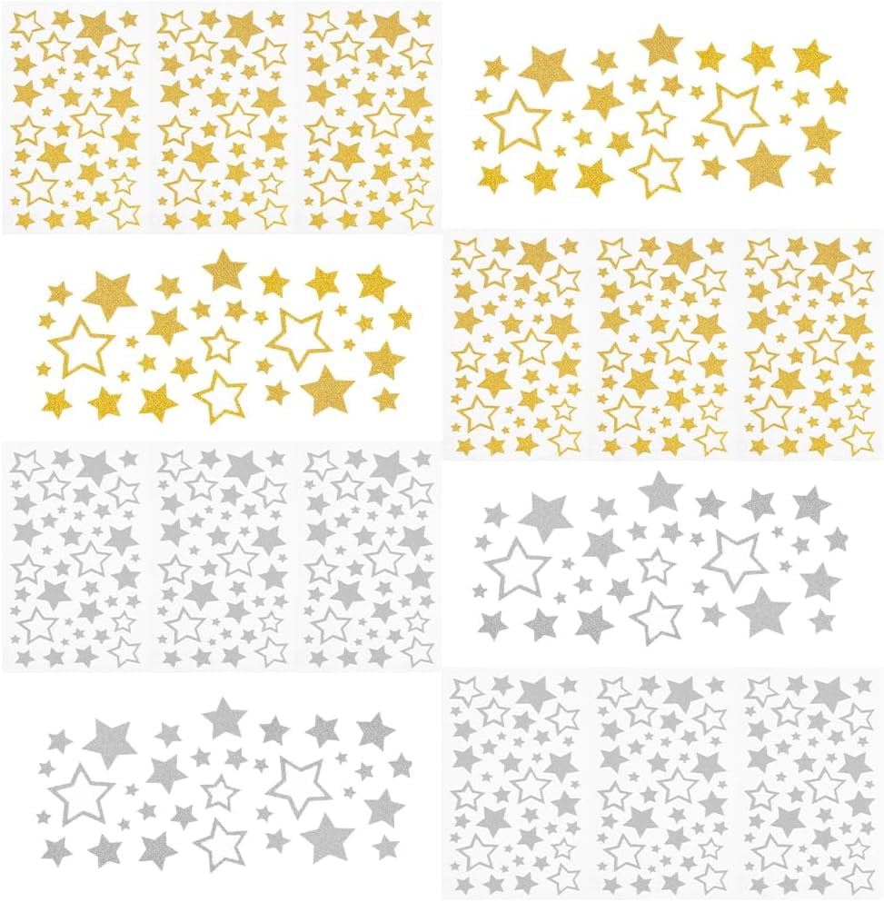 12 Sheet Glitter Gold Silver Star Stickers Self Adhesive Assorted Star ...