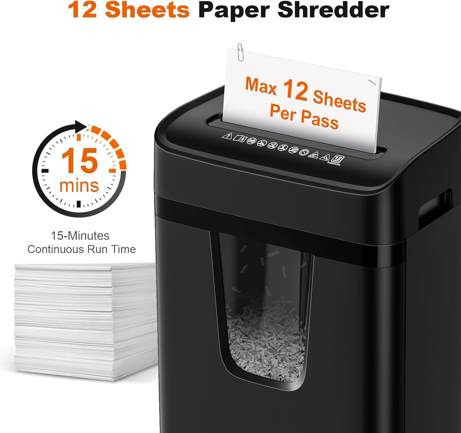 12 Sheet Paper Shredder for Home Office, Heavy Duty Cross Cut with 5.5 ...
