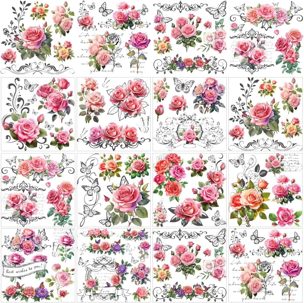 12 Sheets 12 Style Rub on Transfers 5.5 x 5.5 Inch Vintage Roses Rub on ...