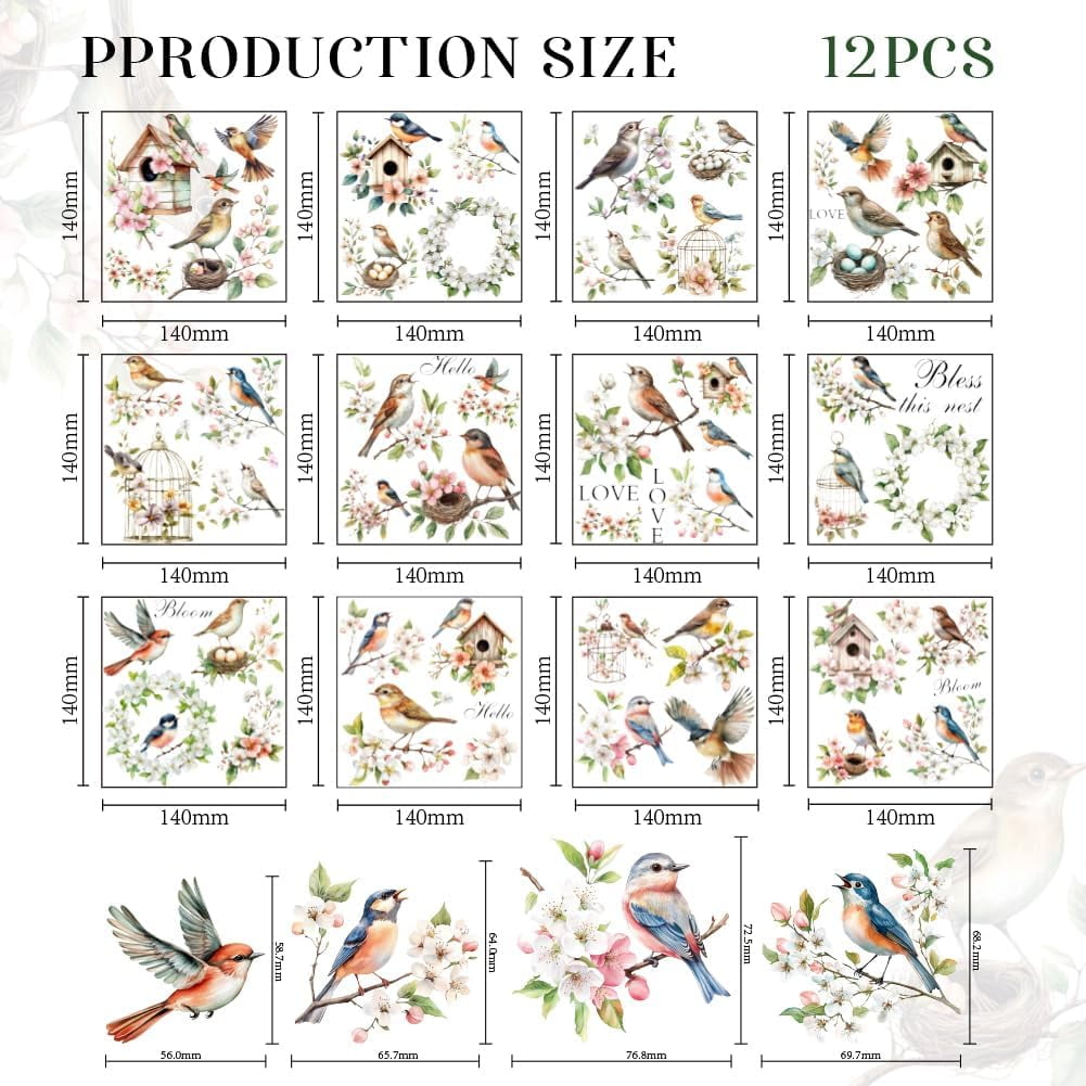 12 Sheets 12Style Rub on Transfers 5.5x5.5 Inch Birds and Nests Rub on ...